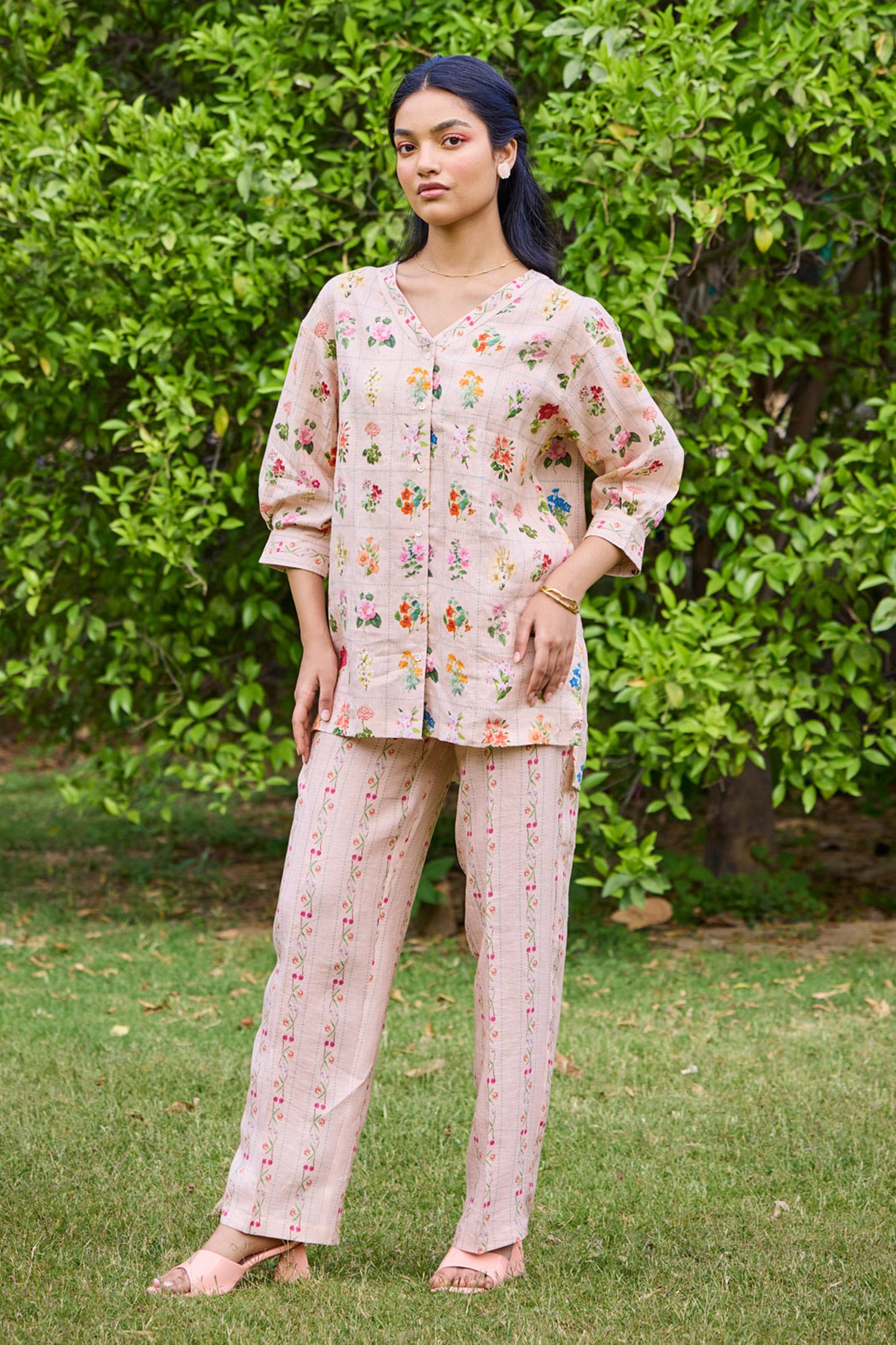 Buy Peach Hemp Print Floral V-neck Freida High-low Top For Women by ...