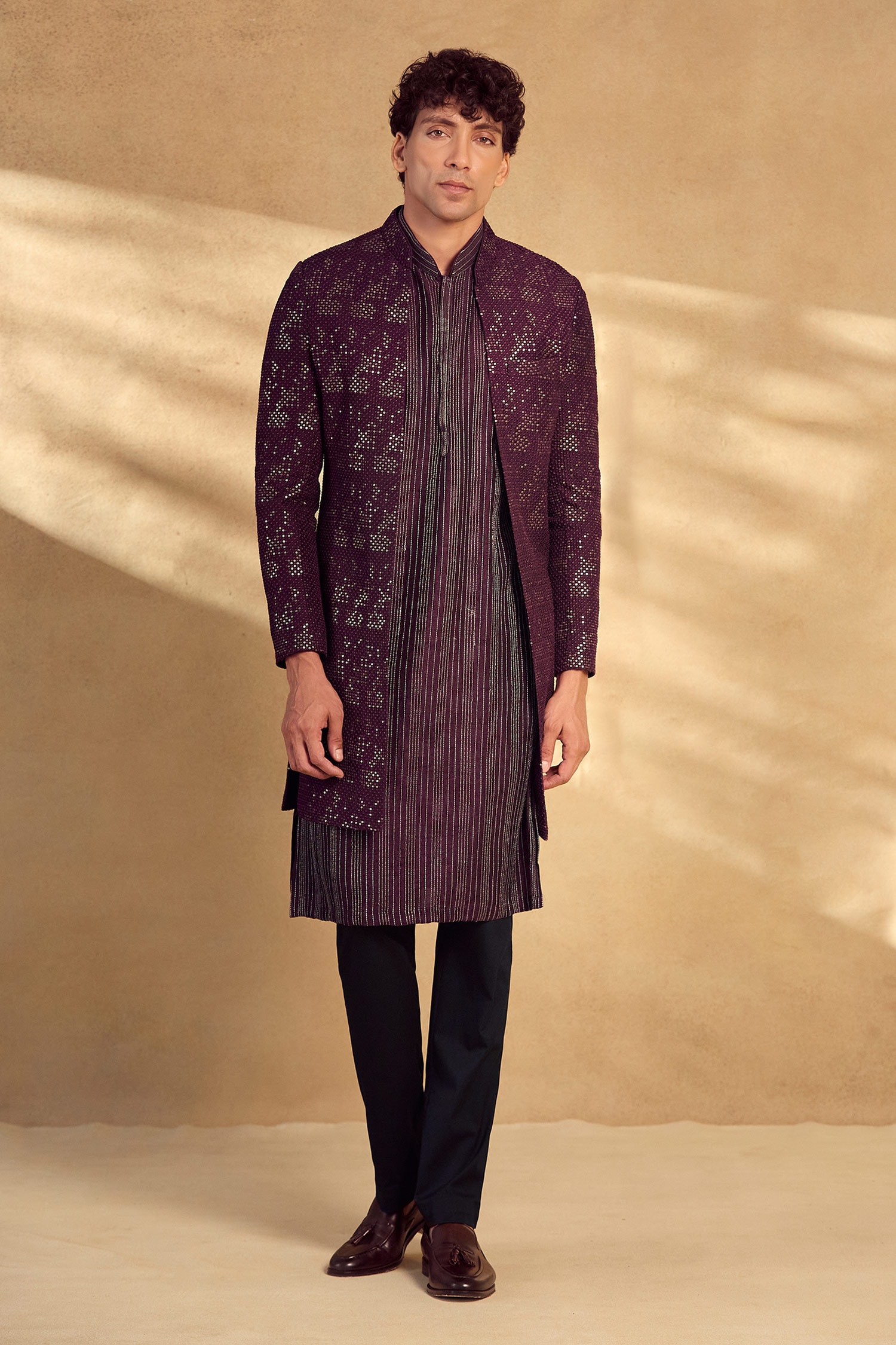 Buy Wine Sherwani And Jacket Silk Embellished Sequin Open Pant Set For ...