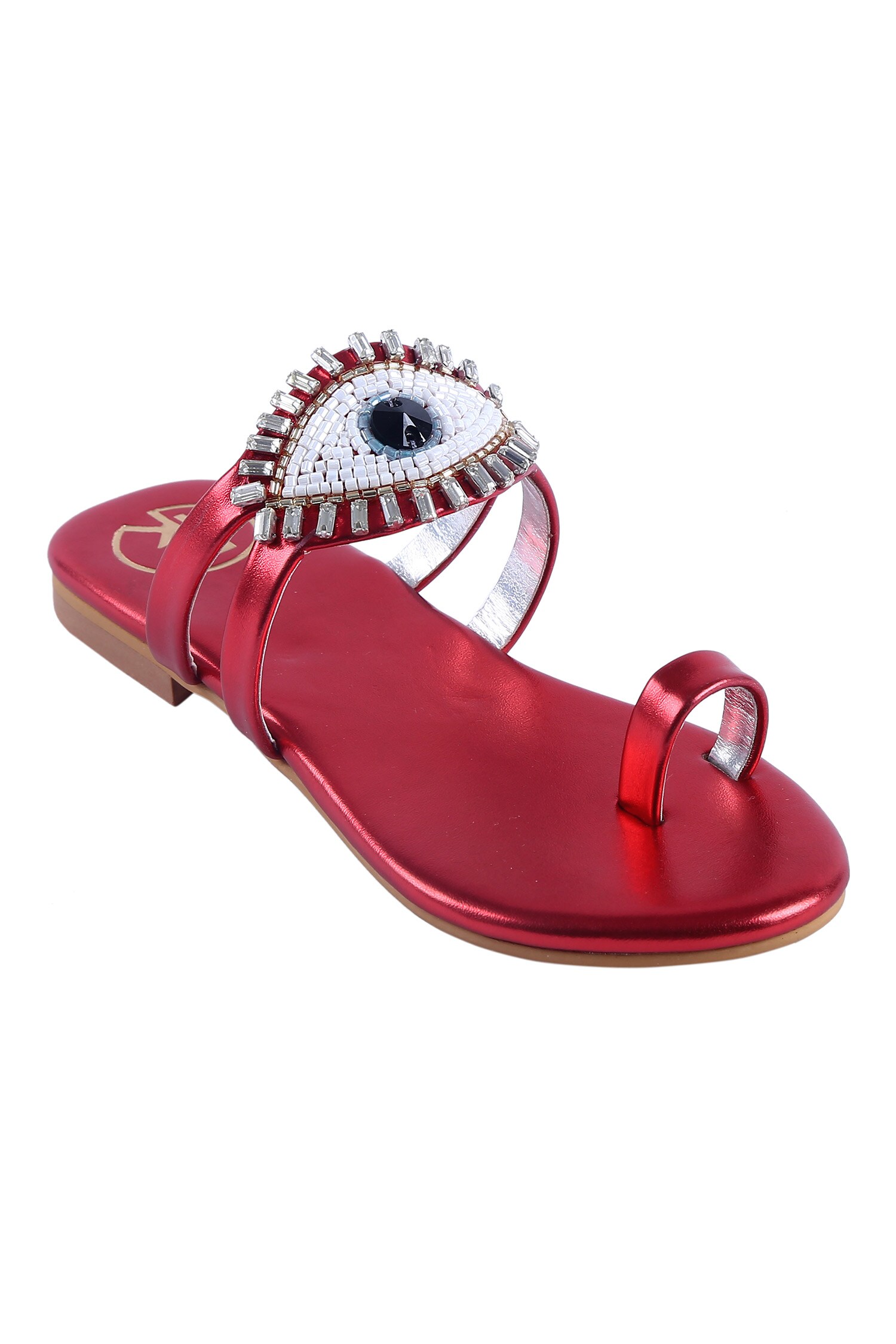 Buy Red Crystal Evil Eye Embroidered Toe Ring Flats For Girls by PREET ...