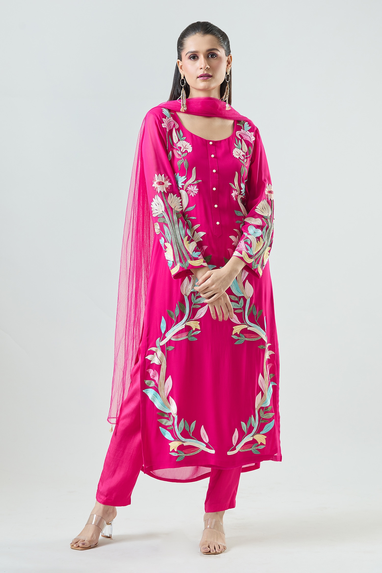Buy Fuchsia Georgette Embroidered Thread Round Pooja Floral Kurta Pant ...