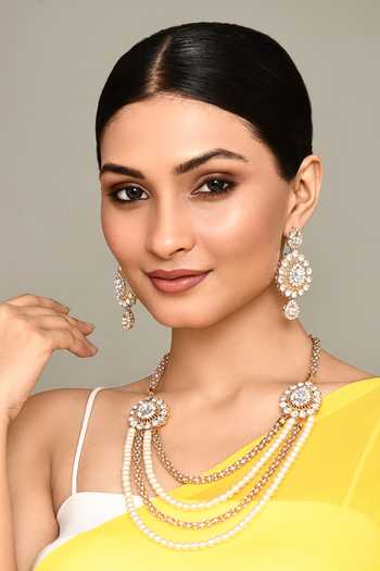 Buy Gold Plated Stone Embellished Pearl Layered Necklace Set by Nayaab ...