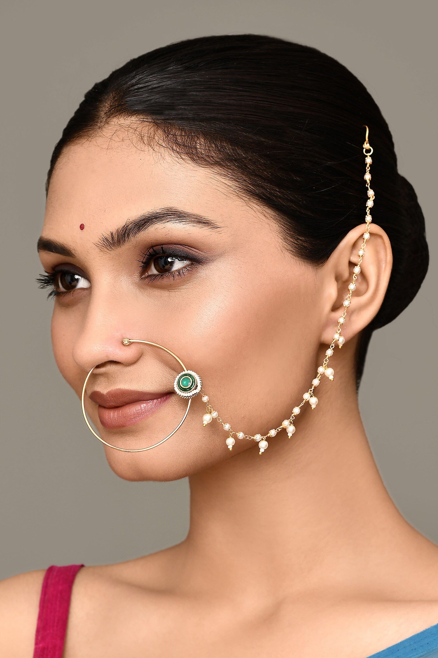 Buy Gold Plated Kundan Sphere Carved Nose Ring by Nayaab by Aleezeh ...