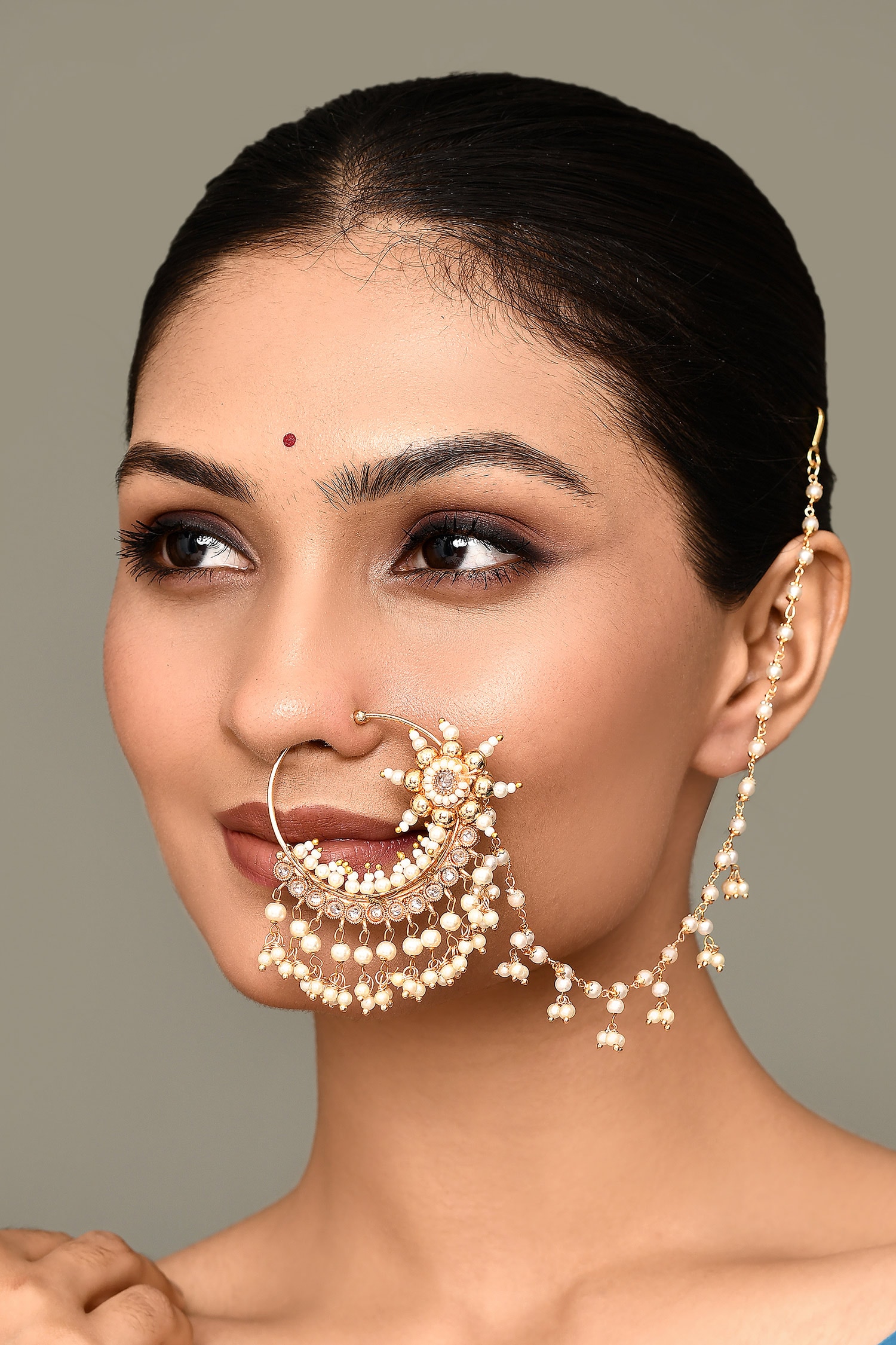 Buy Gold Plated Kundan Floral Spike Carved Nose Ring by Nayaab by ...