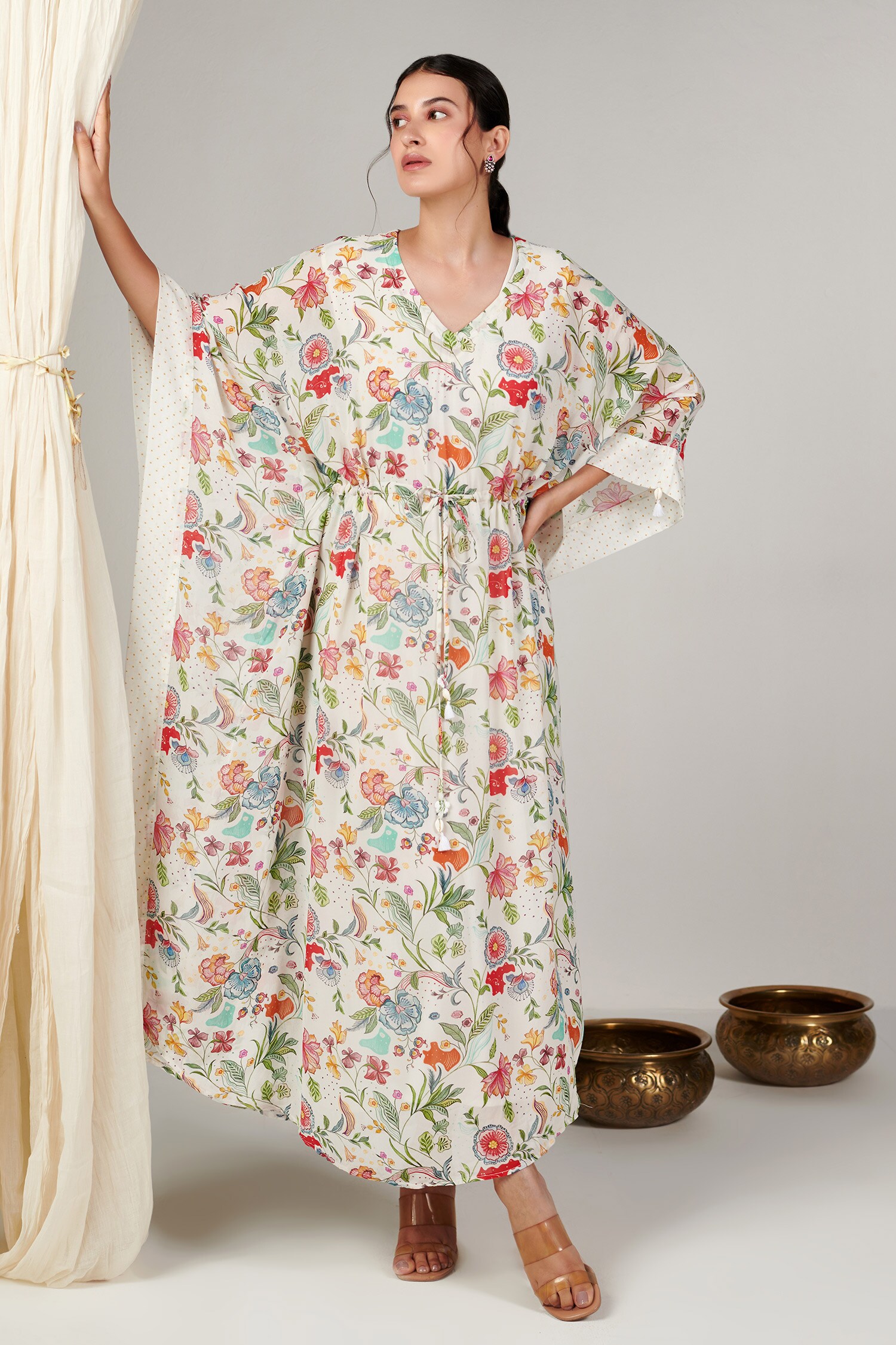 Buy White Cotton Silk Print Bagicha Gul V Neck Gulbahar Kaftan For ...