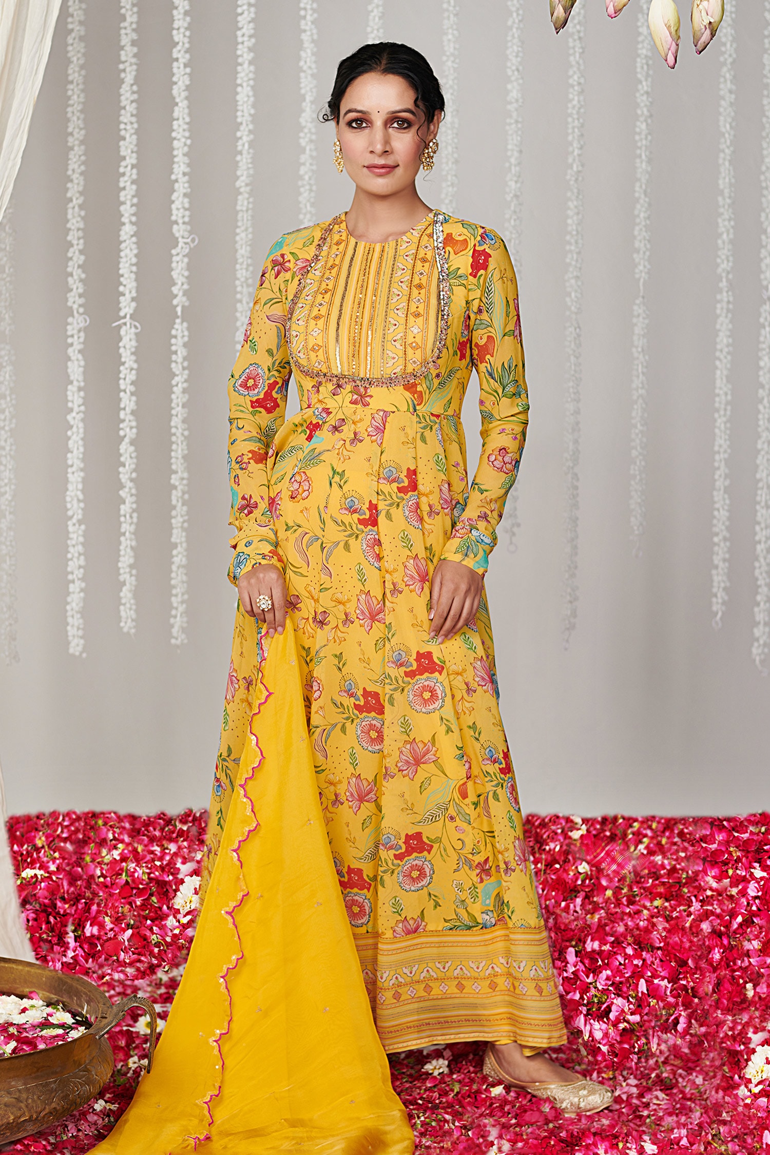 Buy Yellow Georgette Print Bagicha Gul High Neck Bahar Anarkali Set For ...