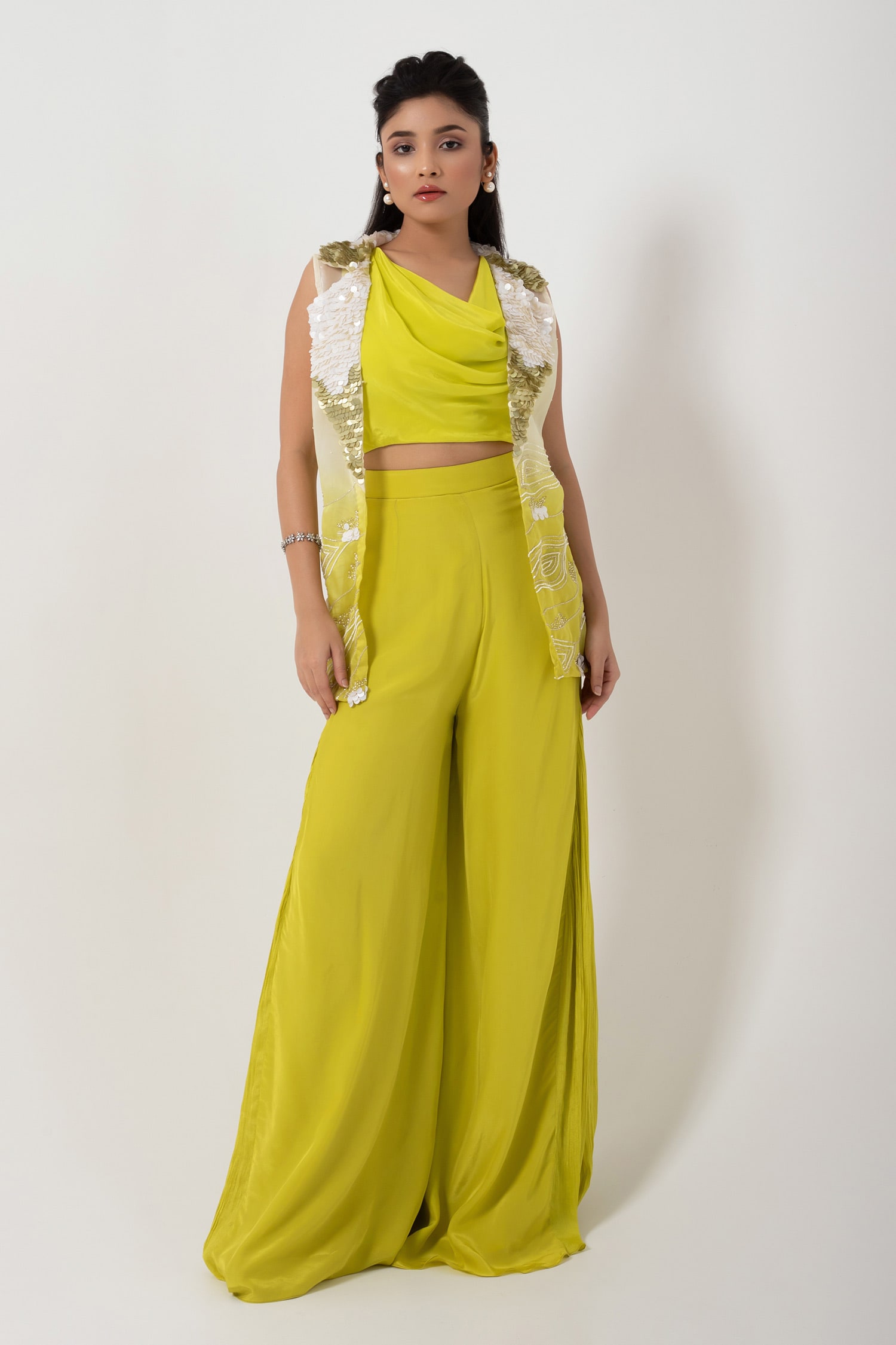 Buy Green Top Crepe Embellished Bead Jacket Lapel Sequin Ombre Flared ...