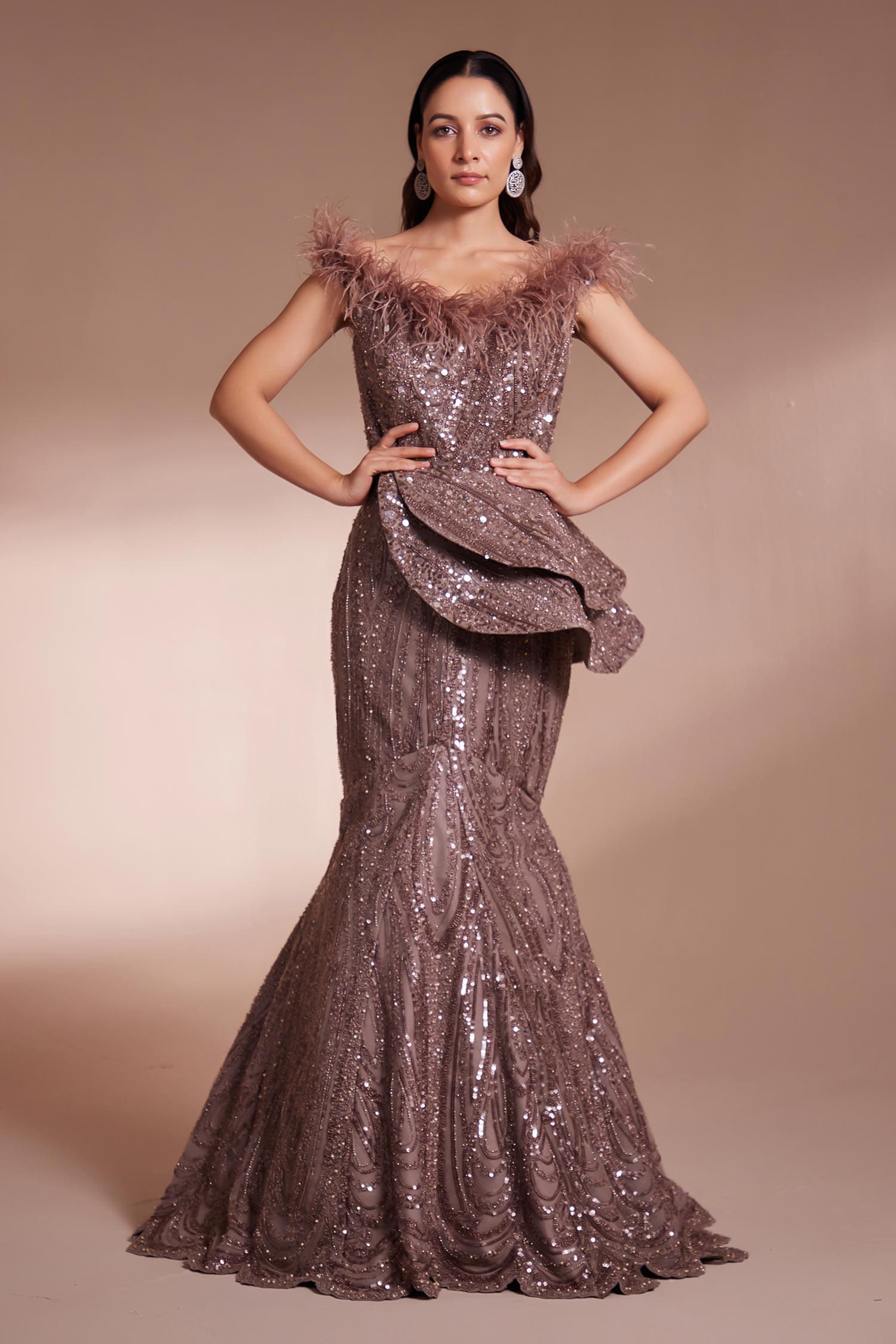 Buy Brown Silk Embroidered Bead Off Shoulder Sequin Fish Cut Gown For ...