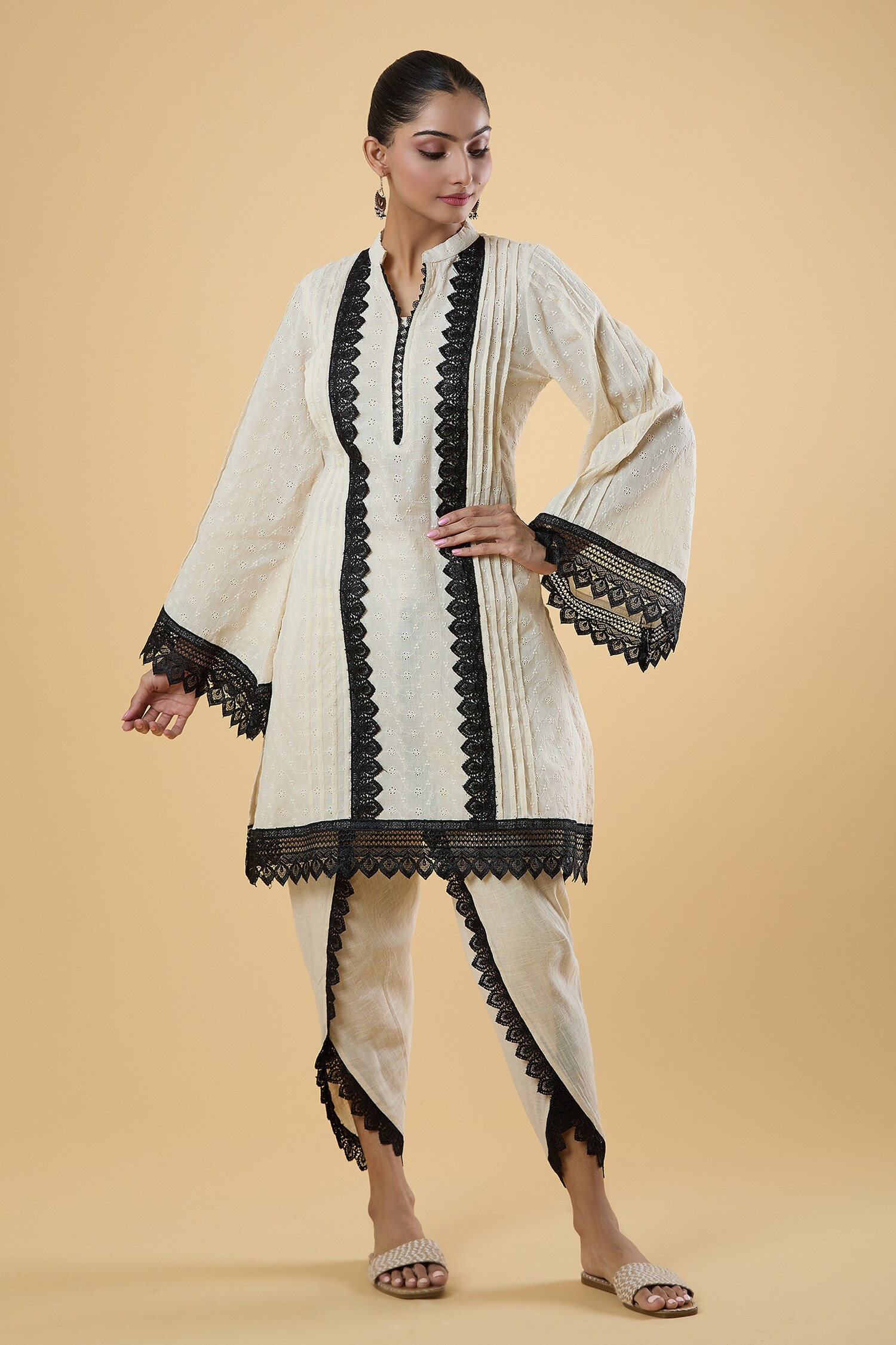 Buy Beige Cotton Embellished Floral Schiffli Riya Pattern Kurta And ...