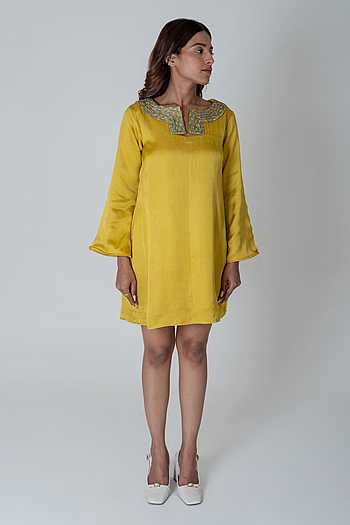 Buy Yellow Bemberg Modal Silk Braided Lace Notched Solid Slit Dress For ...