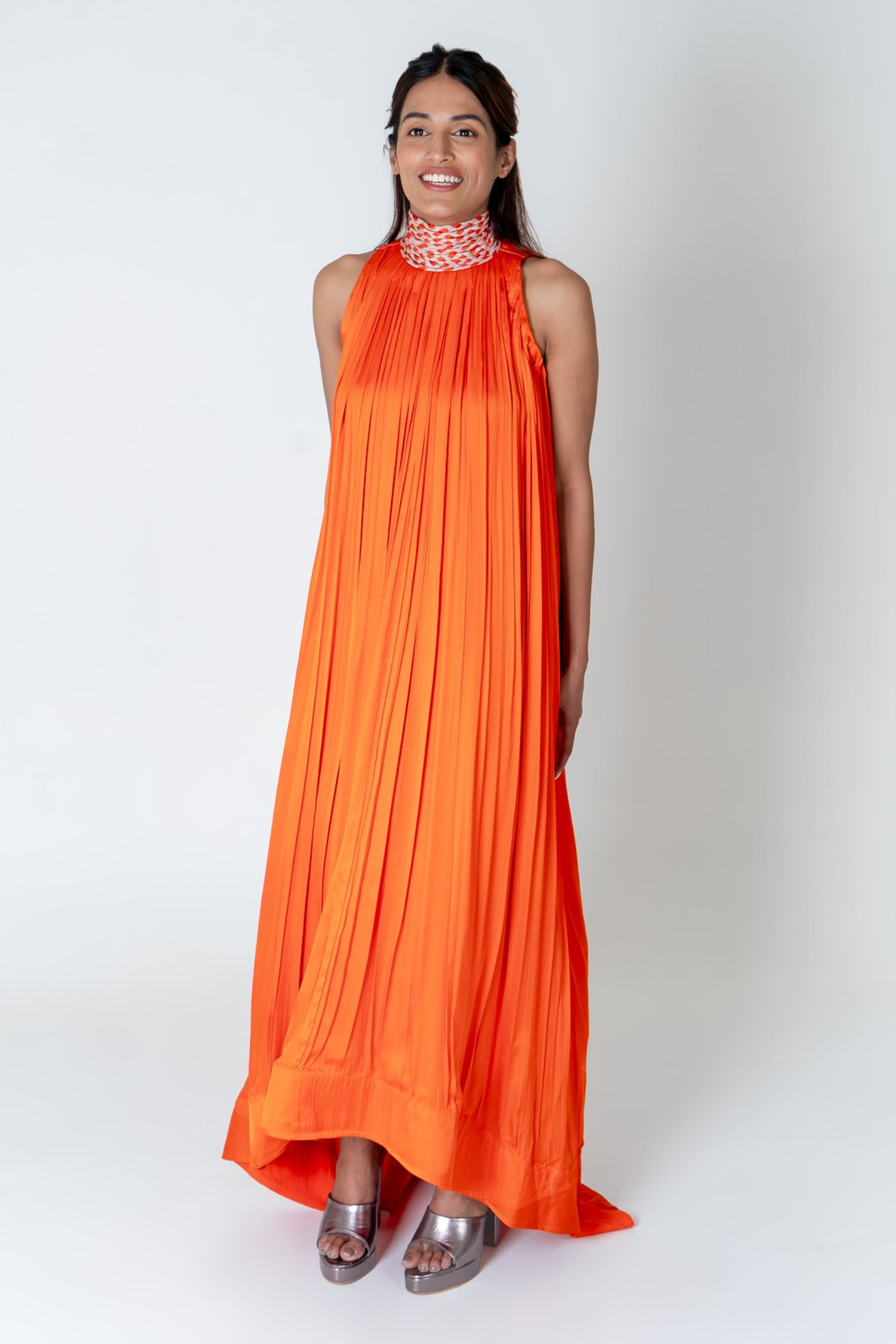 Buy Orange Bemberg Modal Silk Braided Lace Band Collar Neck Trail Gown ...