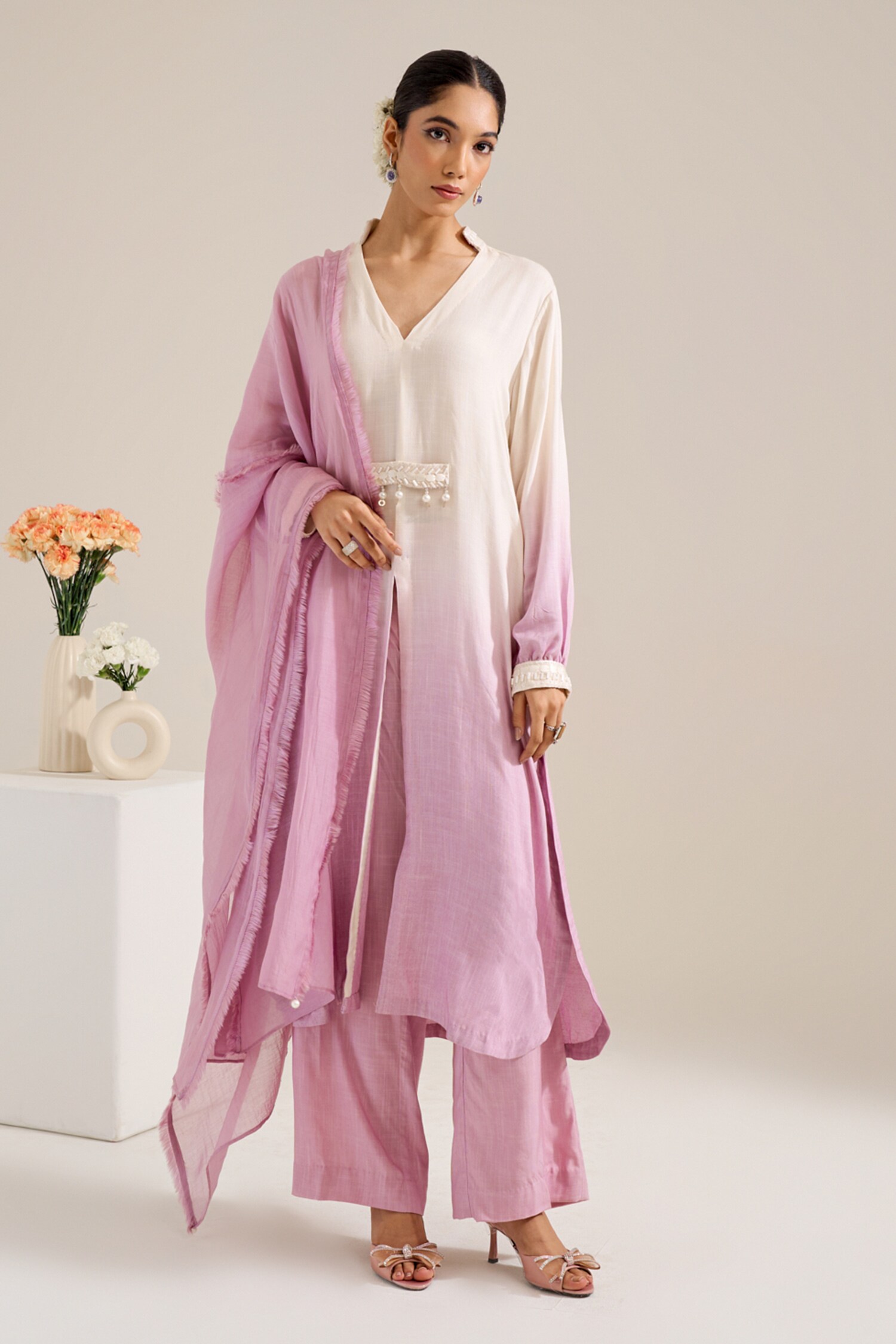 Buy Purple Cotton Slub Embroidered V Neck Kamal Front Slit Kurta Set ...