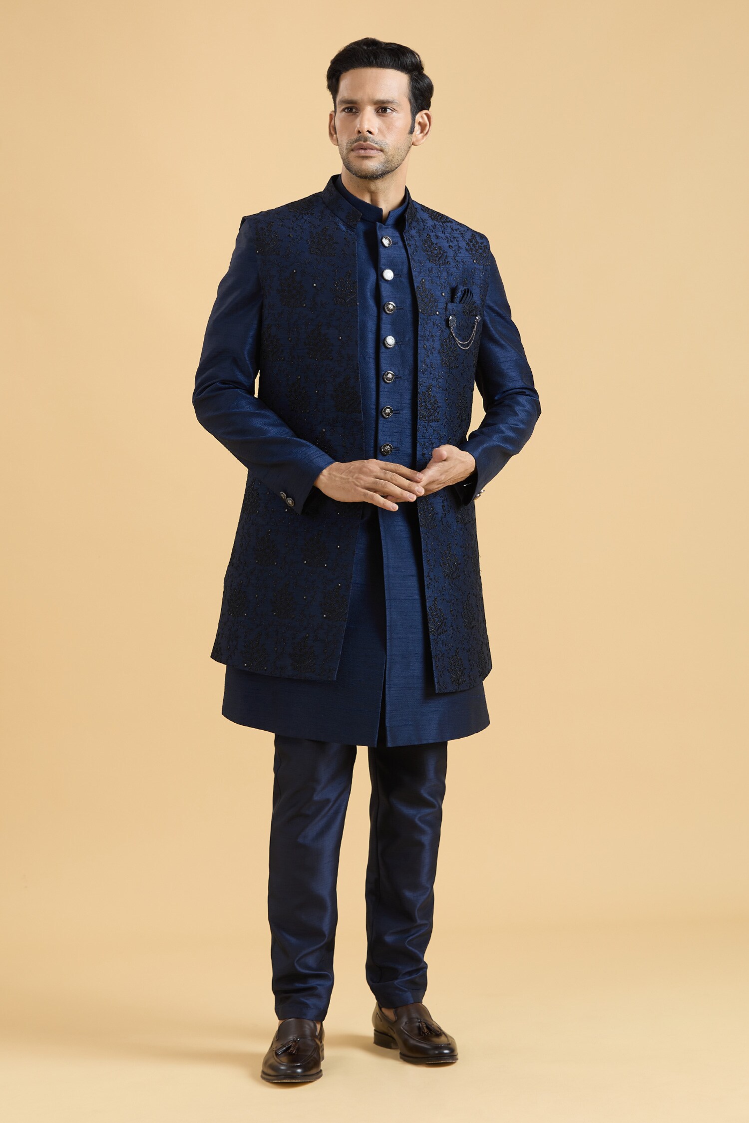 Buy Blue Sherwani And Jacket Slub Silk Embroidered Thread With Set For ...