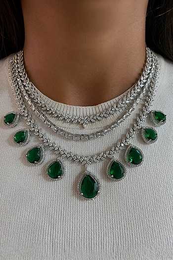 Buy Green Emerald Stone Three-layered Teardrop Embellished Necklace Set ...