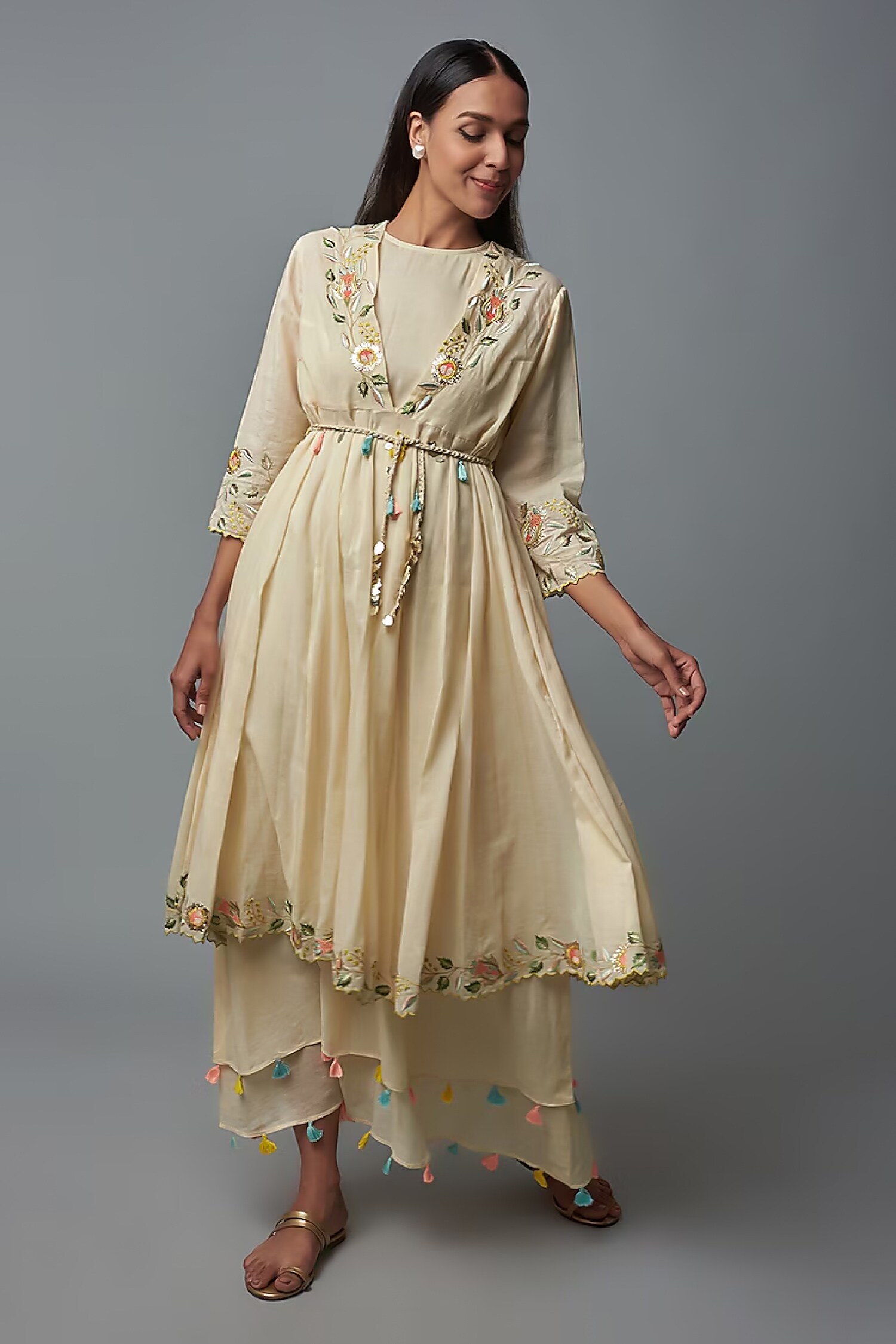 Buy Ivory Mul Cotton Embroidered Floral Anarkali V-neck Border For ...