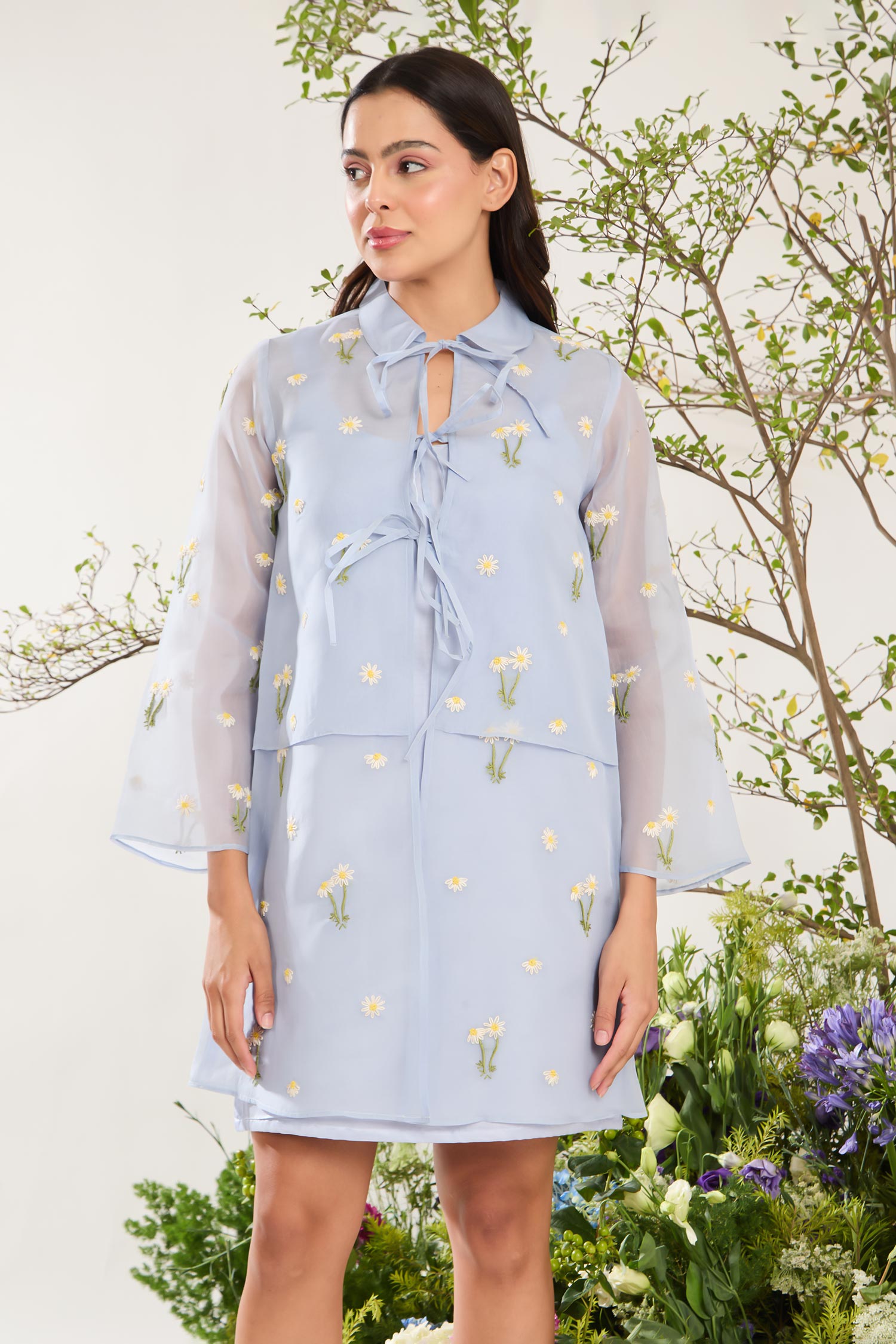 Buy Blue Silk Cotton Organza Embroidery Daisy Collared Neck Dress For ...