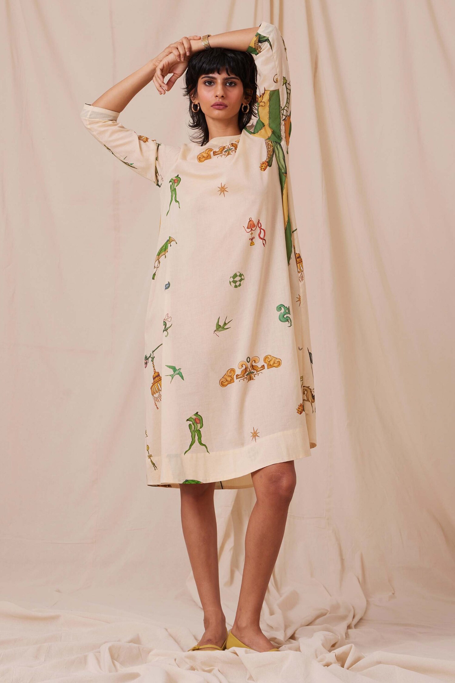 Buy Beige Organic Cotton Voile Printed Carnival Round Gaby Midi Dress ...