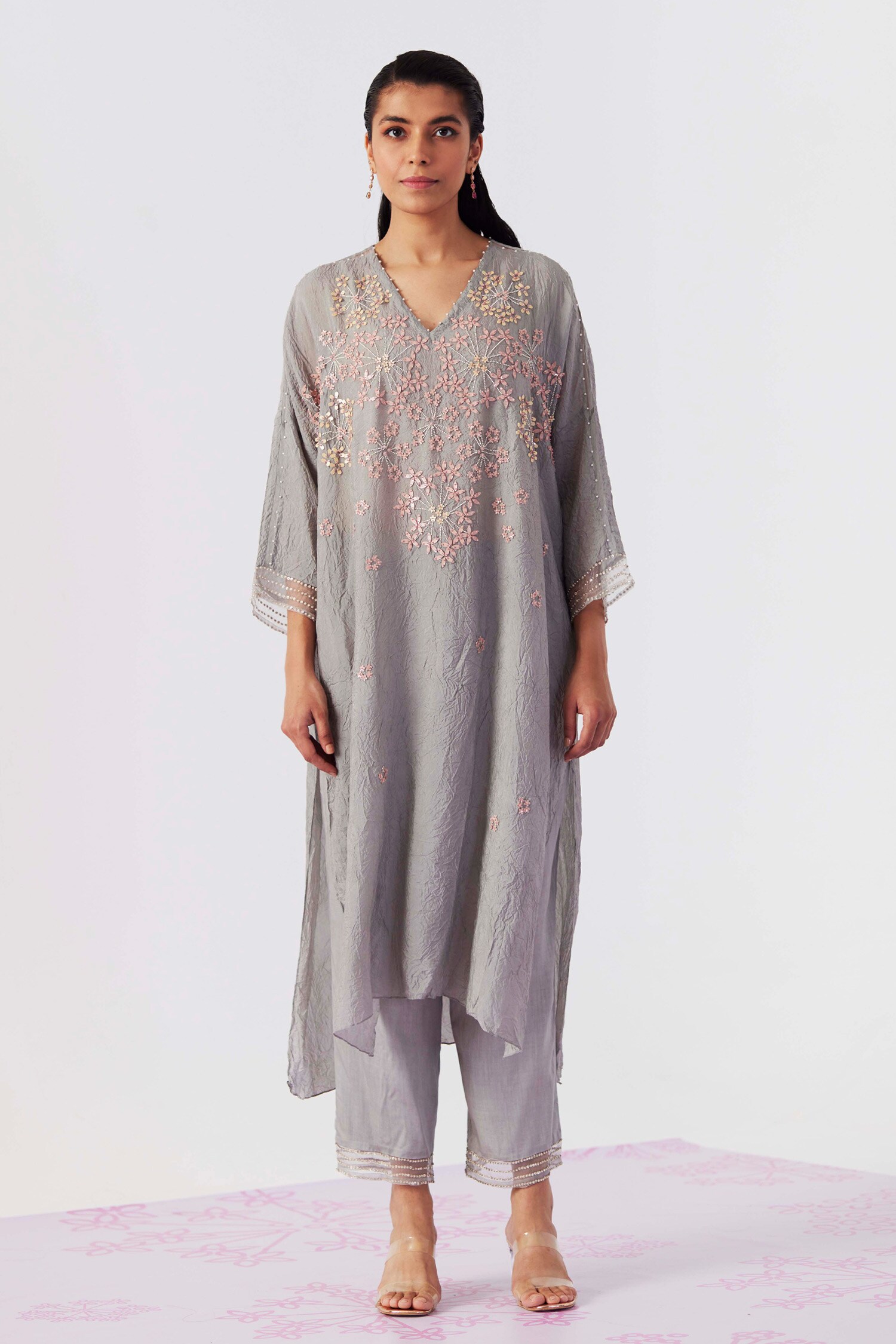 Buy Grey Kurta Viscose Silk Embroidery Sequin V-neck Floral Assymetric ...