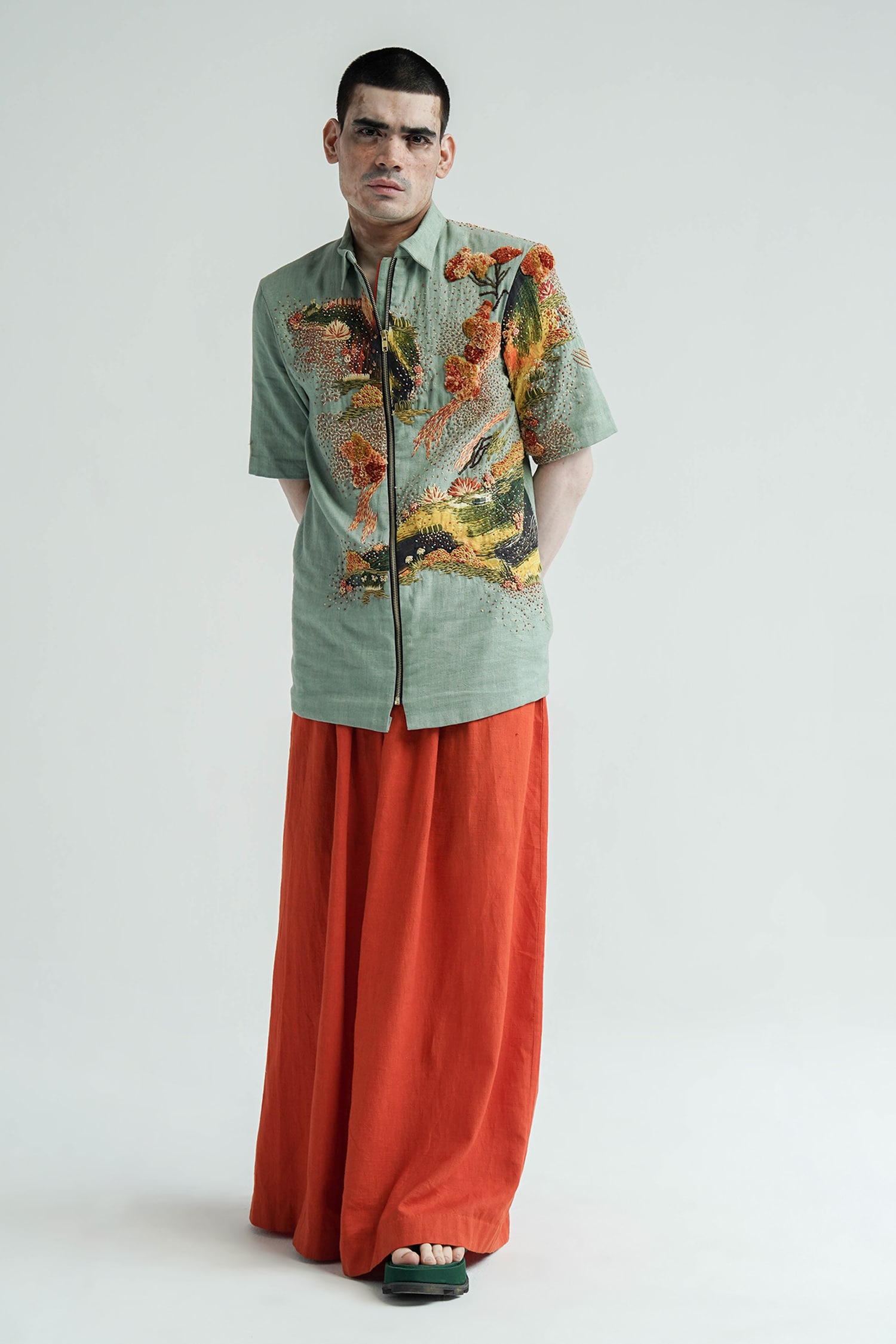 Buy Orange Hand Embroidered Thread Kobai Gathered Sumo Pant For Men by ...