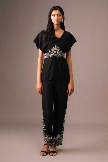 Buy Black Bamberg Silk Embroidery Thread V Neck Marlowe Overlay Pant ...