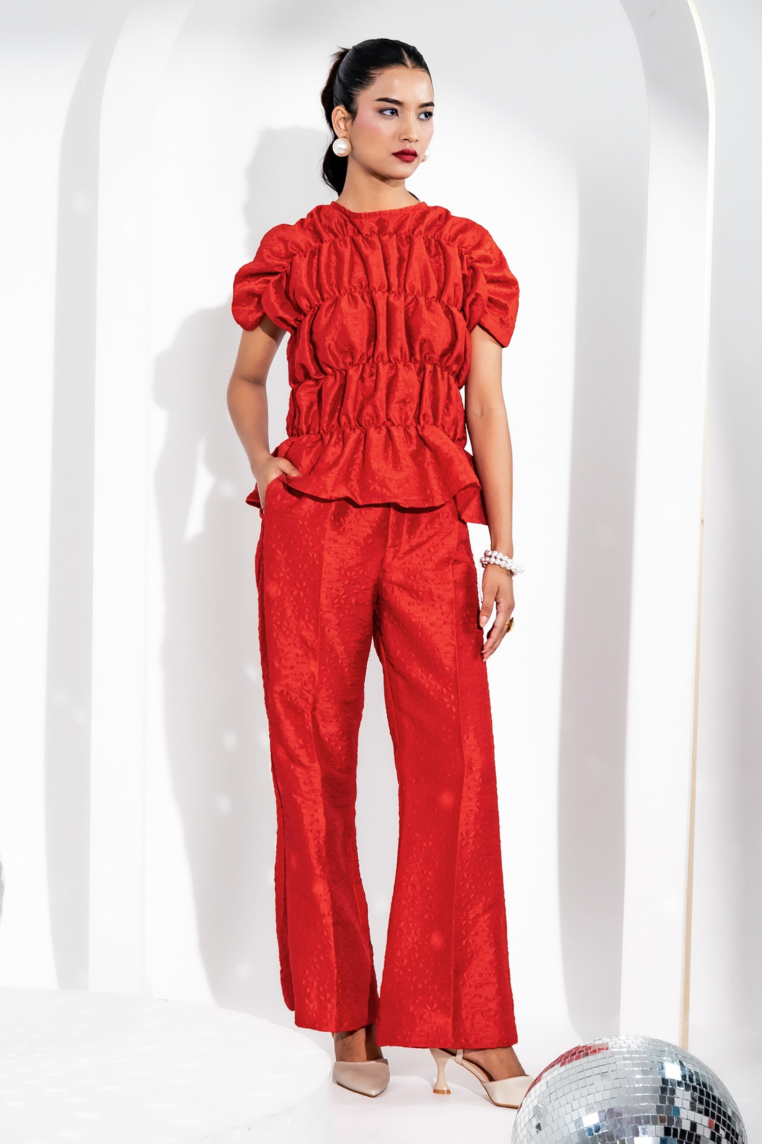 Buy Red Bubble Crepe Round Abbey Ruched Top And Pant Set For Women by ...