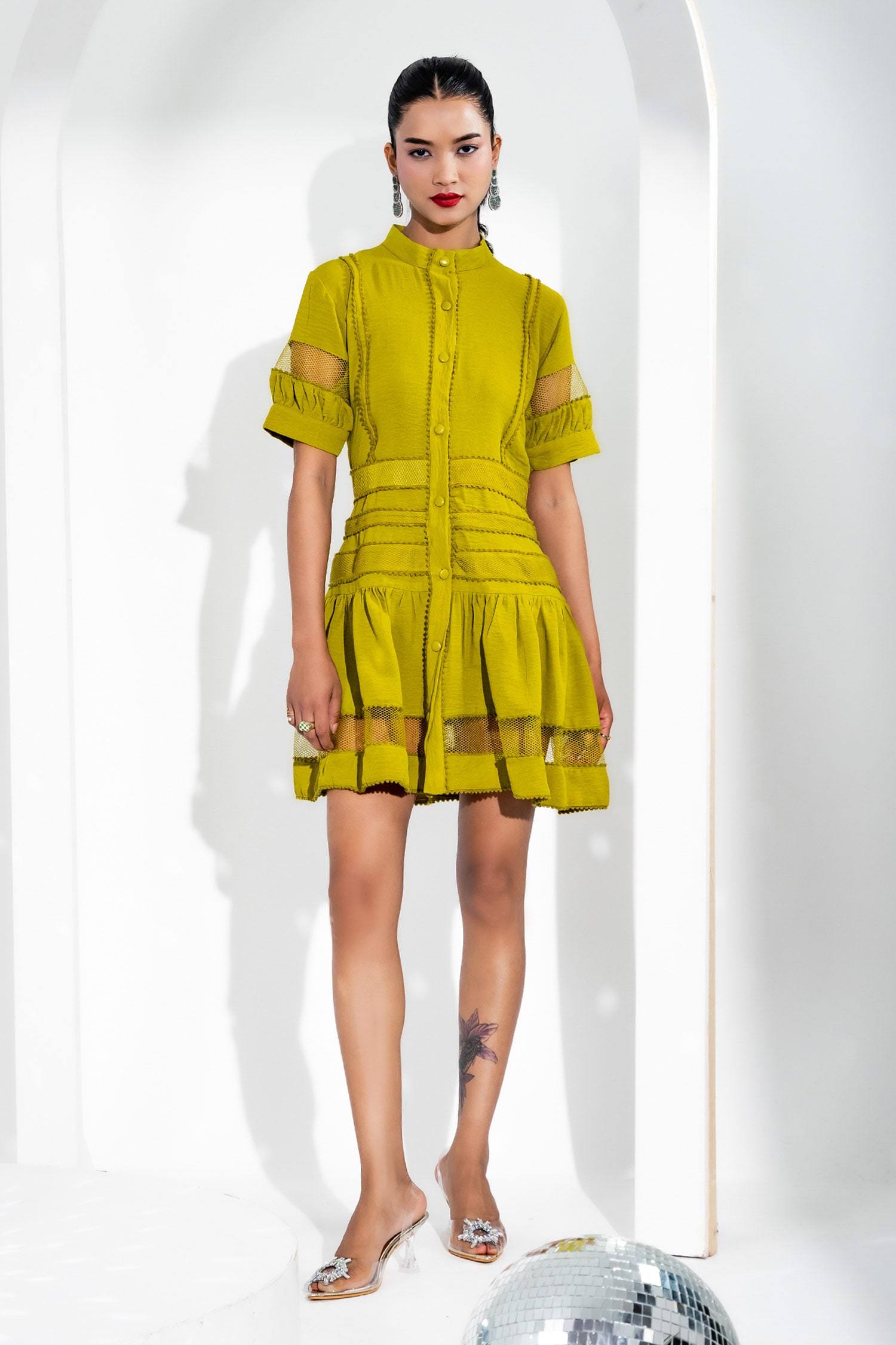 Buy Green Latte Crepe Mandarin Collar Soleil Fit And Flare Dress For ...