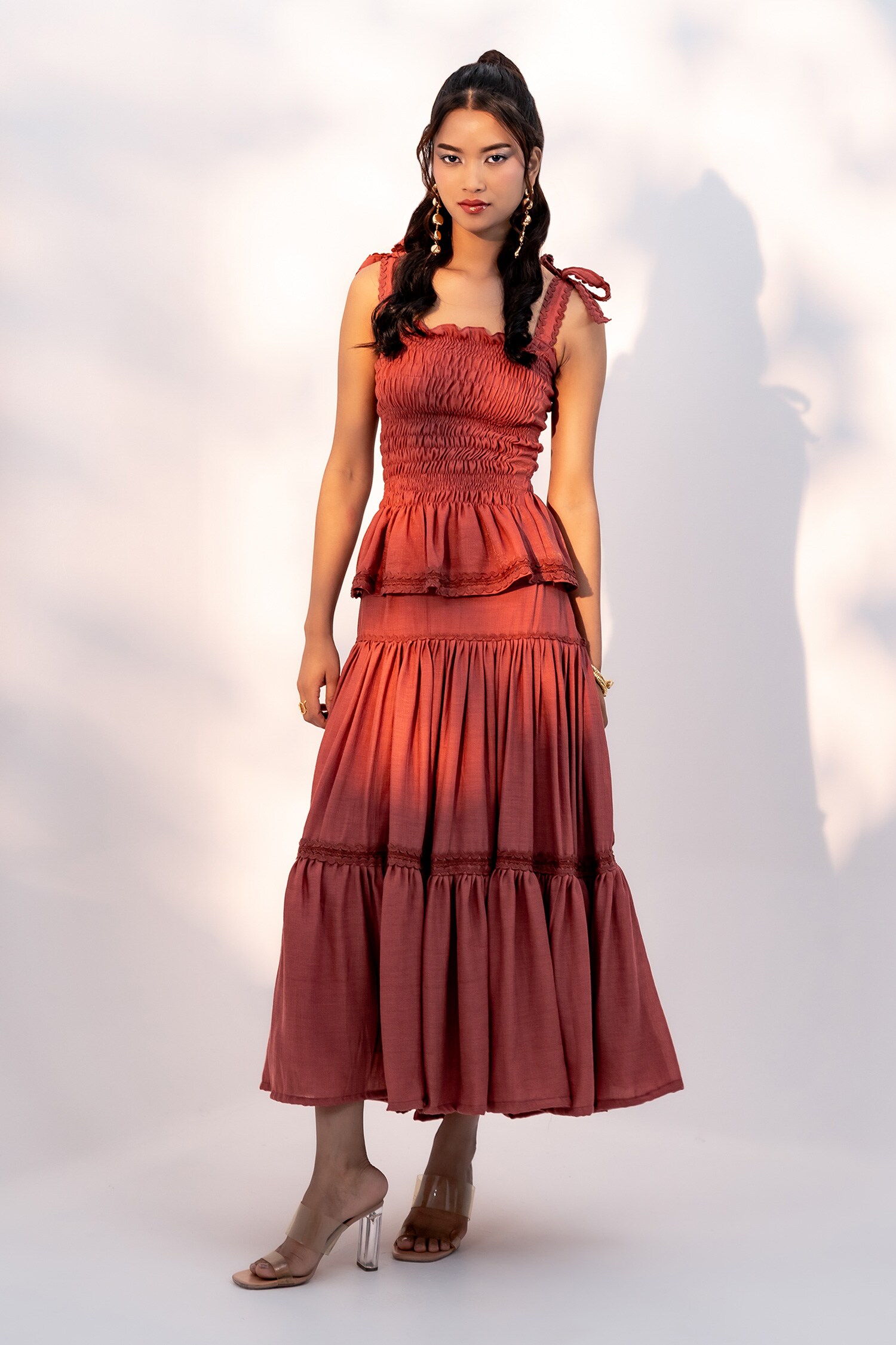 Buy Red Georgette Chiffon Smocked Top And Skirt Set For Women by Enness ...