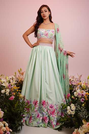 Buy Green Viscose Satin Hand Embroidery Floral Straight Waistband ...