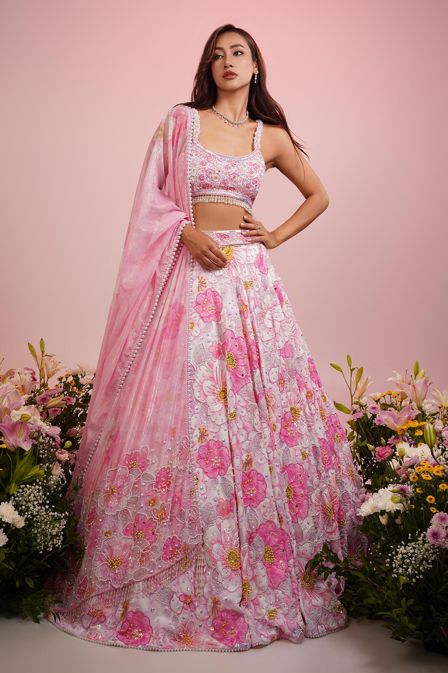 Buy Pink Viscose Hand Embroidery Floral Scoop Pearl Lehenga Set For ...