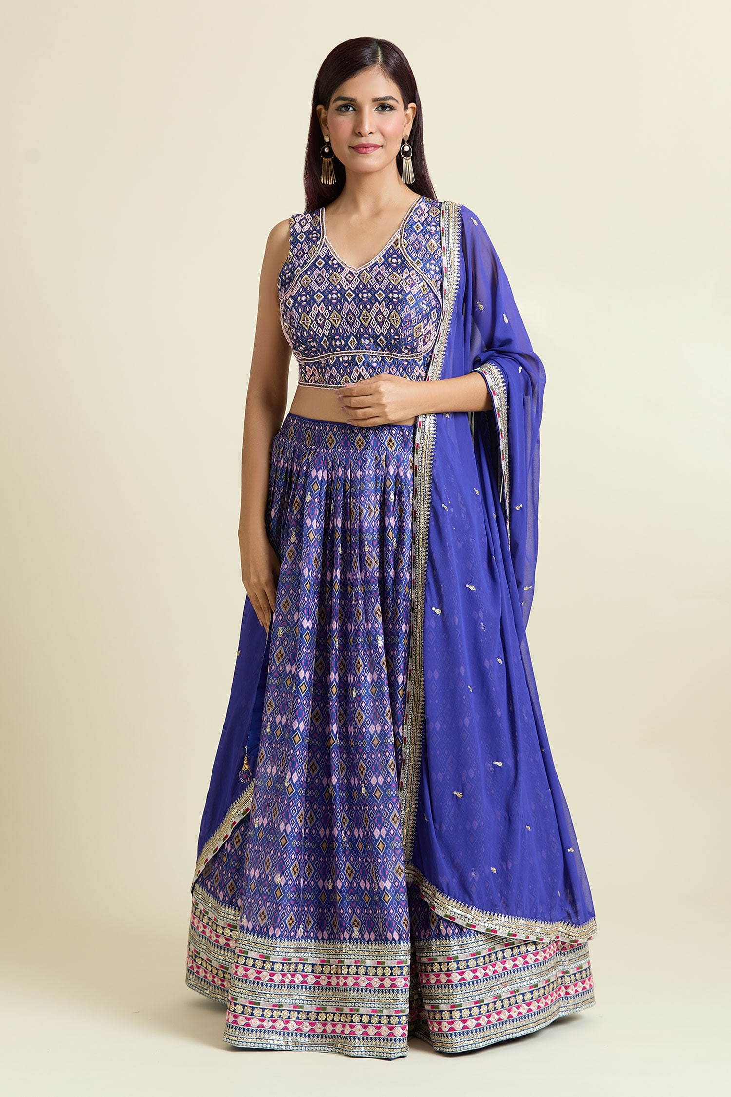 Buy Blue Blouse And Lehenga Slim Georgette Embroidered Sequin V Neck ...