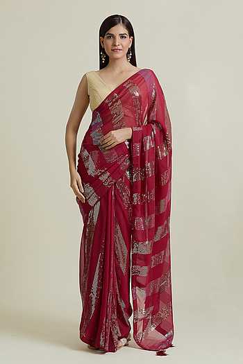 Buy Maroon Saree Georgette Embellished Sequin With Unstitched Blouse ...