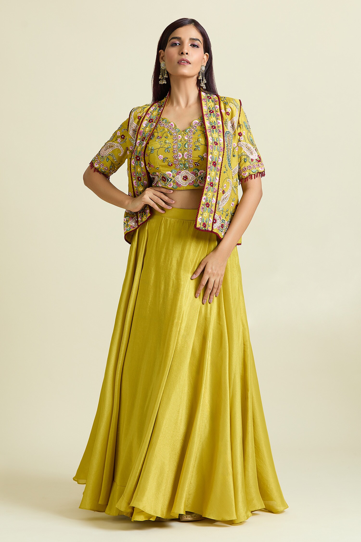 Buy Yellow Tissue Embroidered Thread Jacket Open Solid Lehenga Floral ...