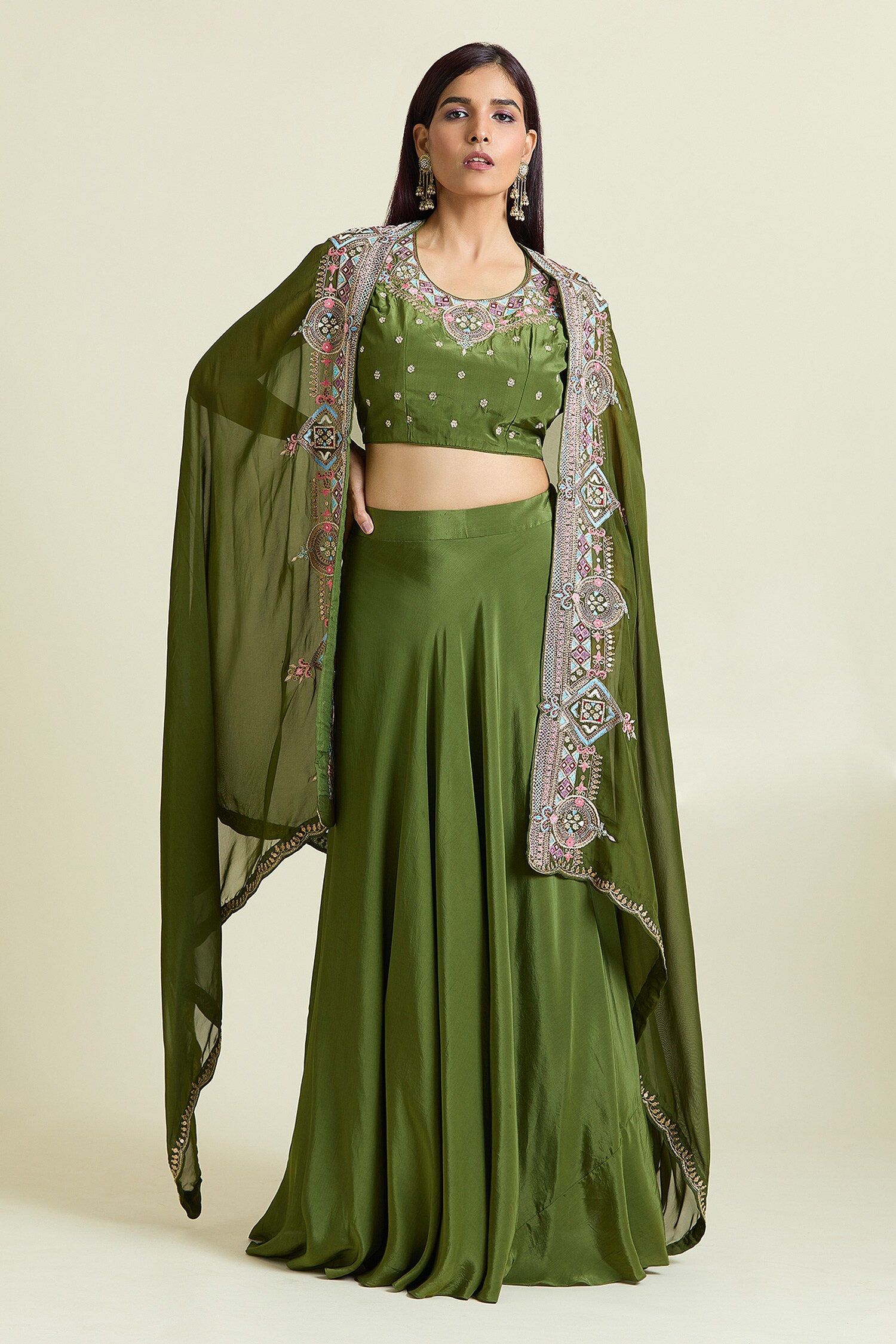 Buy Green Tissue Embellished Bead Dabka Thread Embroidered Asymmetric ...