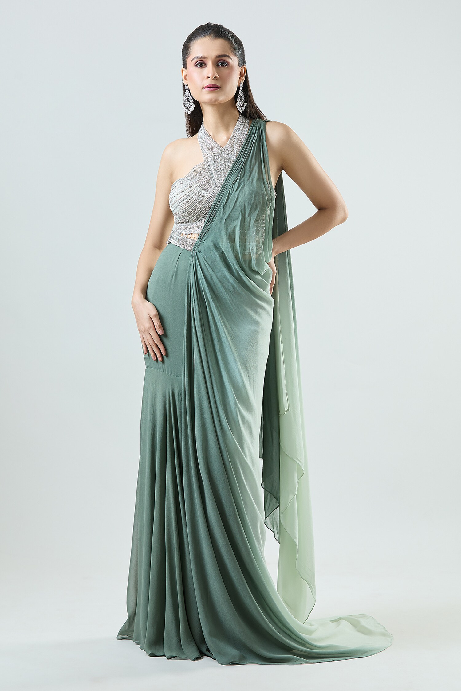 Buy Green Blouse Net Embellished Sequin Halter Ombre Pre-draped Mermaid ...