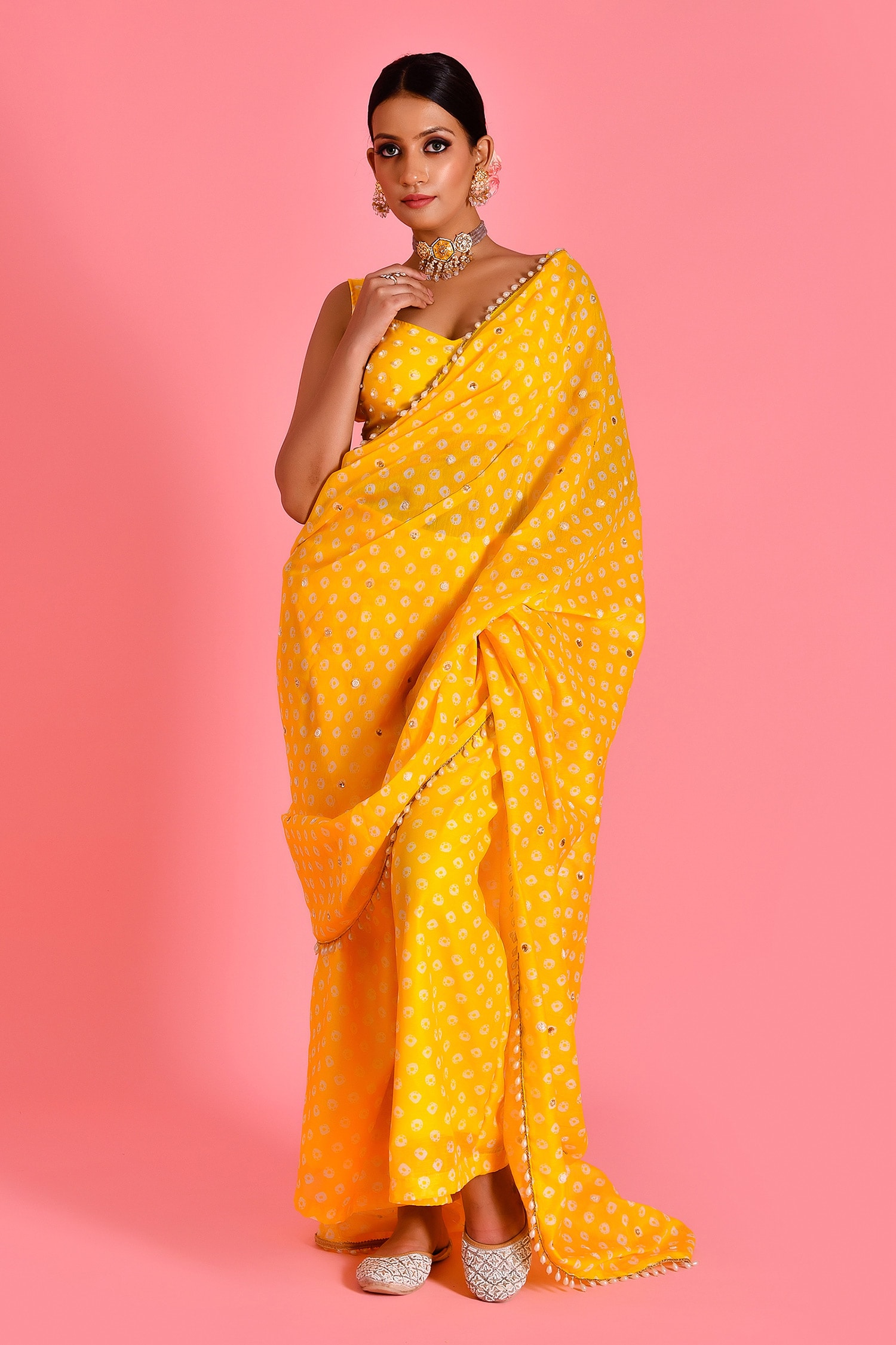 Buy Yellow Chanderi Embellished Bandhani V Neck Pattern Palazzo Saree ...