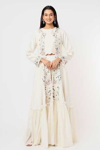 Buy Ivory Raw Silk Embroidered Floral Cape Open Frilled Pant Set For ...