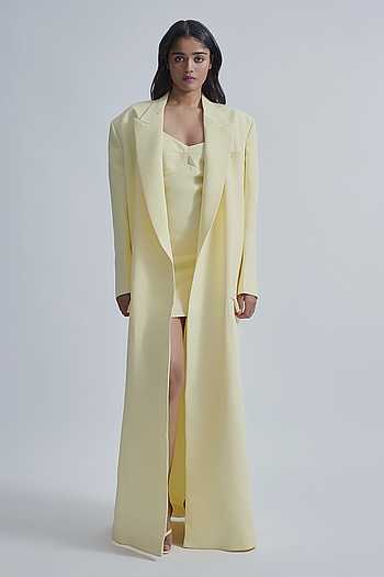 Buy Yellow Ferrari Solid Coat Lapel Collar Nicole Long With Short Dress ...
