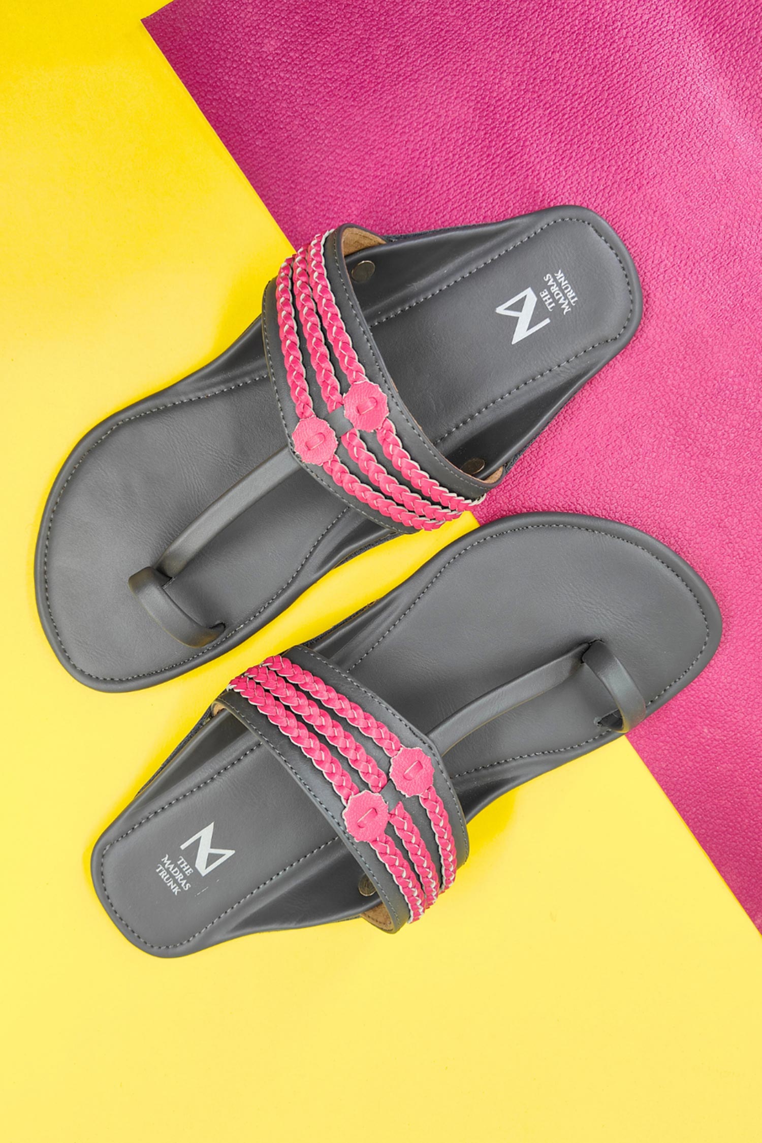 Buy Grey Plain Haiku Ruhi Contrast Braided Kolhapuri Flats by The ...