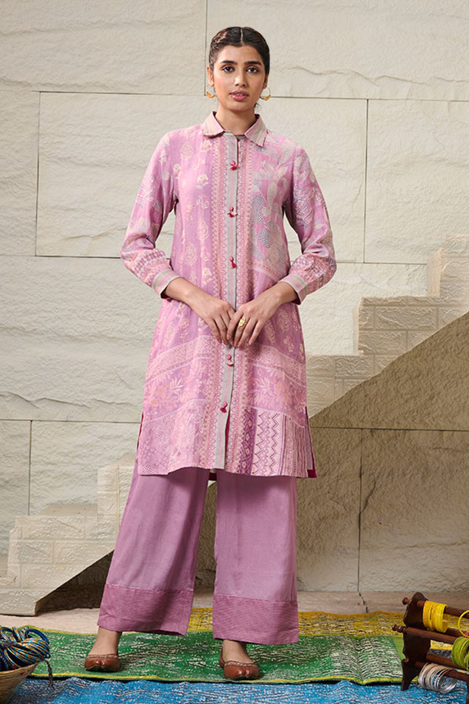 Buy Purple Kurta Viscose (linen) Printed Resham Collared Ekam Patch ...