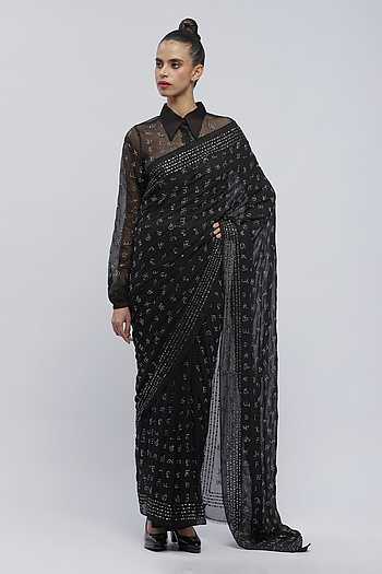 Buy Black Silk Georgette Embroidery Badla Calligraphy Script Saree For ...