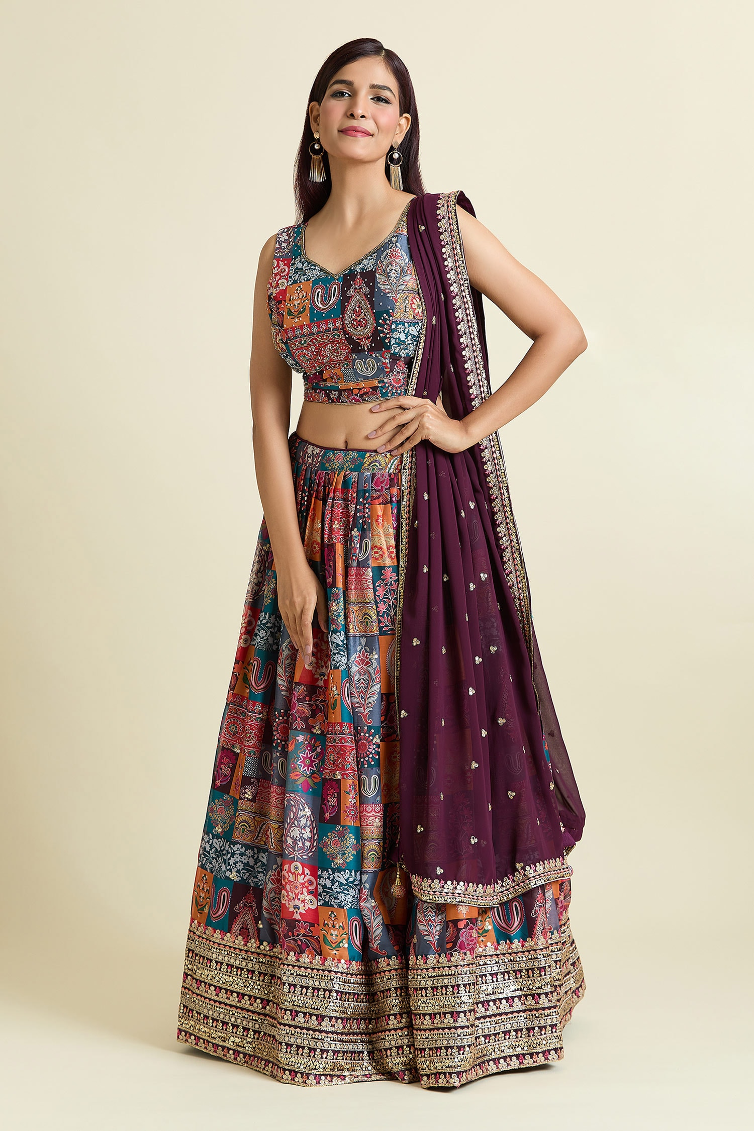 Buy Multi Color Blouse And Lehenga Slim Georgette Embroidered Patch ...