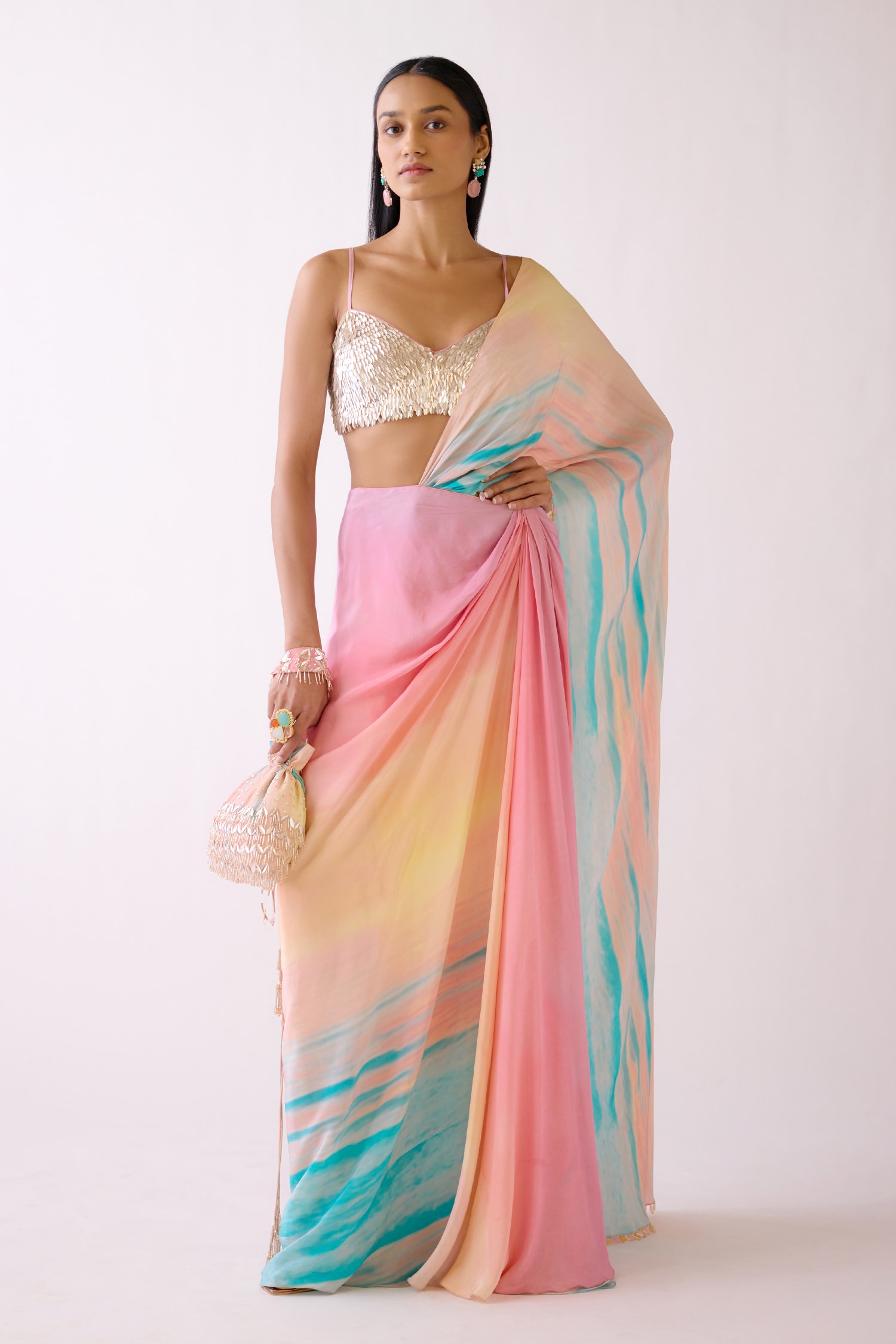 Buy Pink Crepe Embroidery Leaf Sequin The Sunset Pre-draped Saree With ...