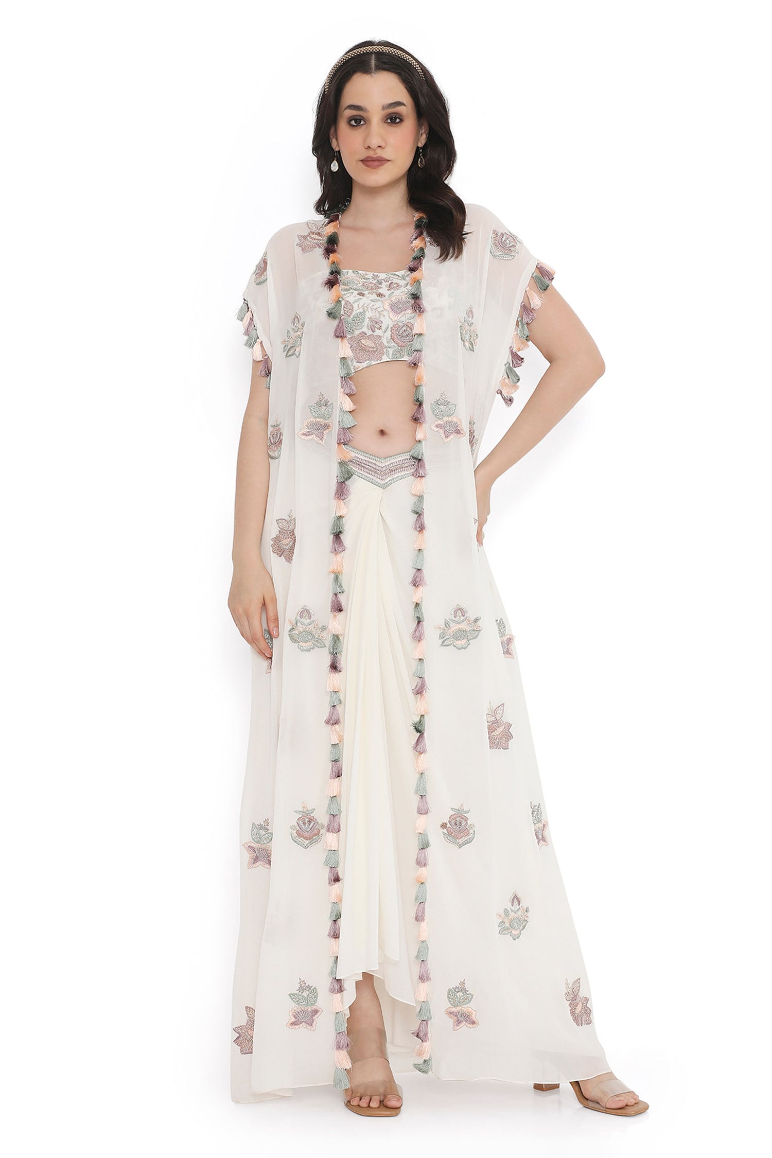 Buy Off White Georgette Embroidery Phool Open Neck Tassel Jacket Draped ...