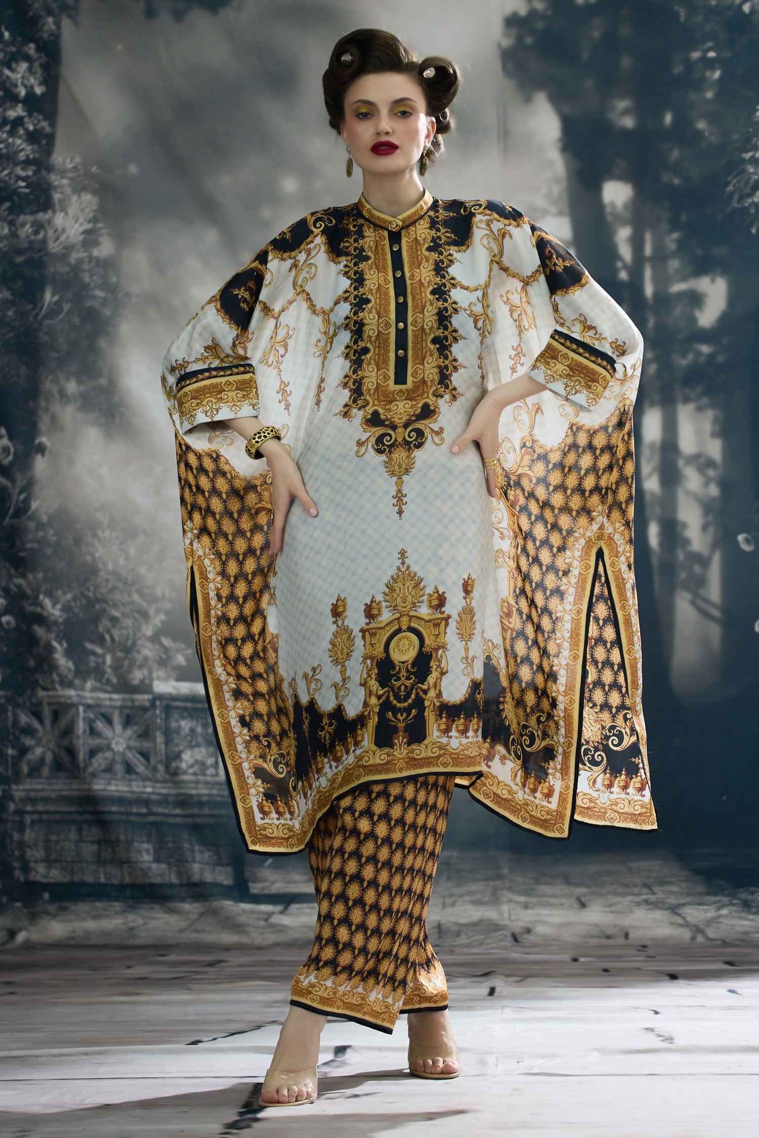 Buy Black Tunic Silk Printed Botanical Mandarin Collar Chantelle And ...