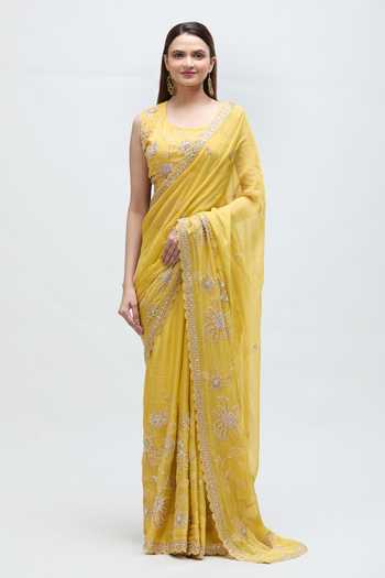Buy Yellow Organze Embroidered Gota Round Chand Sitara Saree With ...