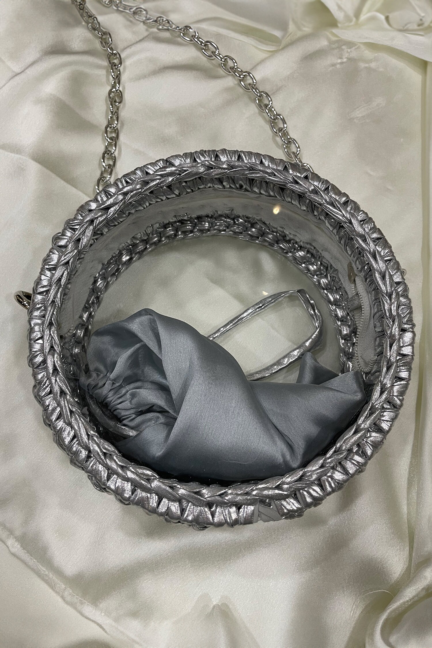 Buy Silver Braided Helix Spherical Sling Bag With Chain by BIJIT Online ...