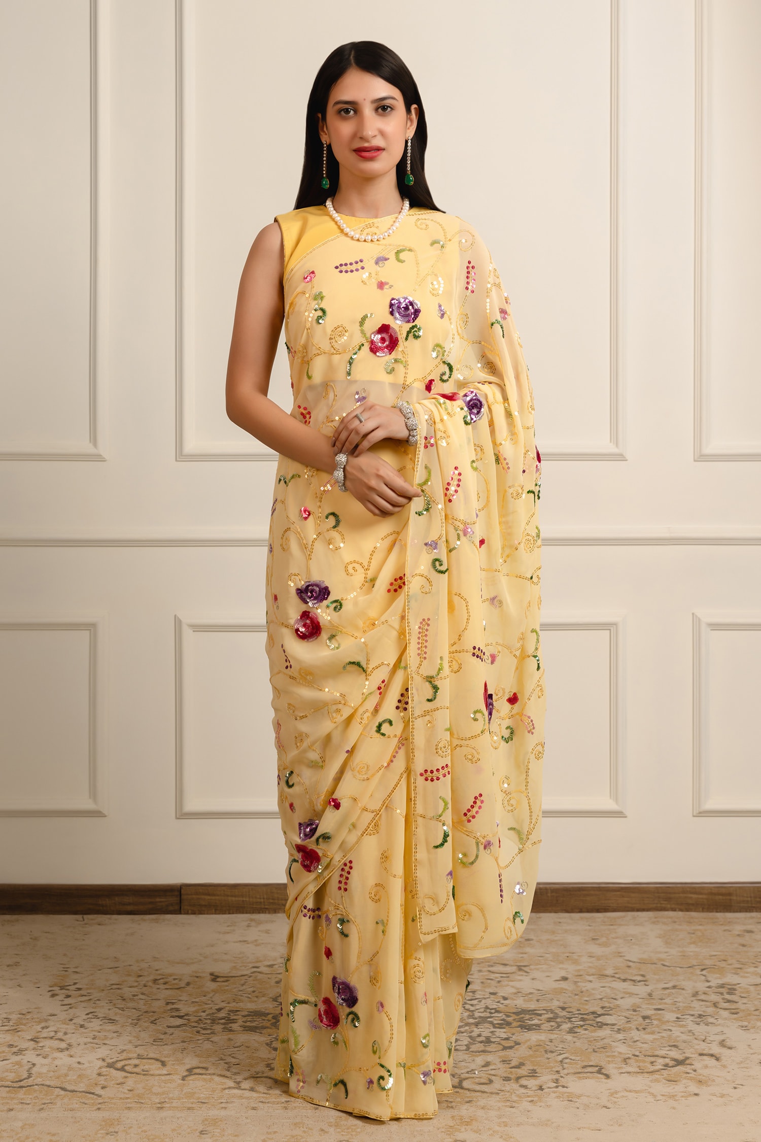 Buy Yellow Saree Silk Georgette Embroidered Shell With Unstitched ...