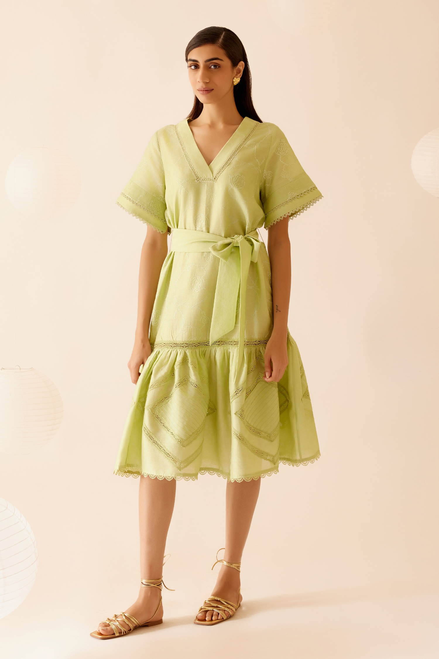 Buy Green Cotton Embroidered Lace V Neck Sada Detailed Dress For Women ...