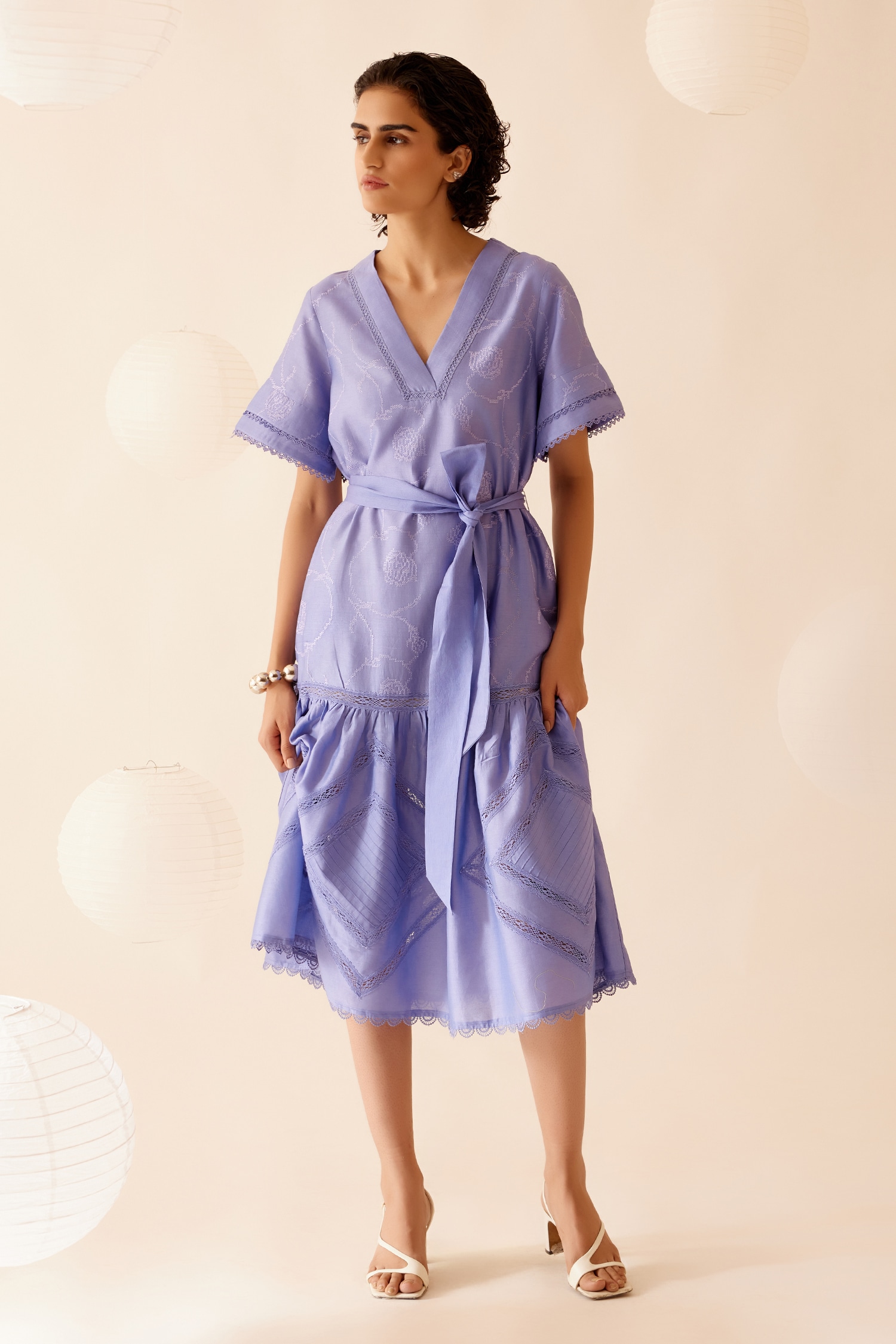 Buy Purple Cotton Embroidered Lace V Neck Sada Detailed Midi Dress For ...