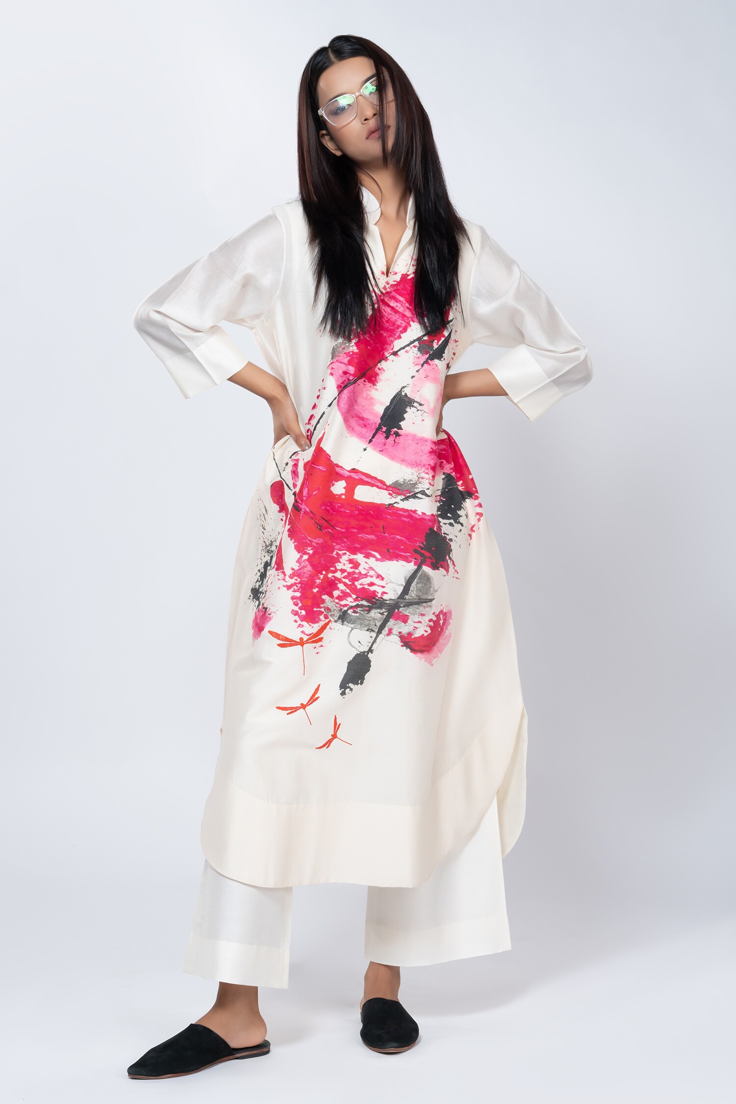 Buy Ivory Chanderi Brushstroke Mandarin Collar Pattern Tunic With Pant ...