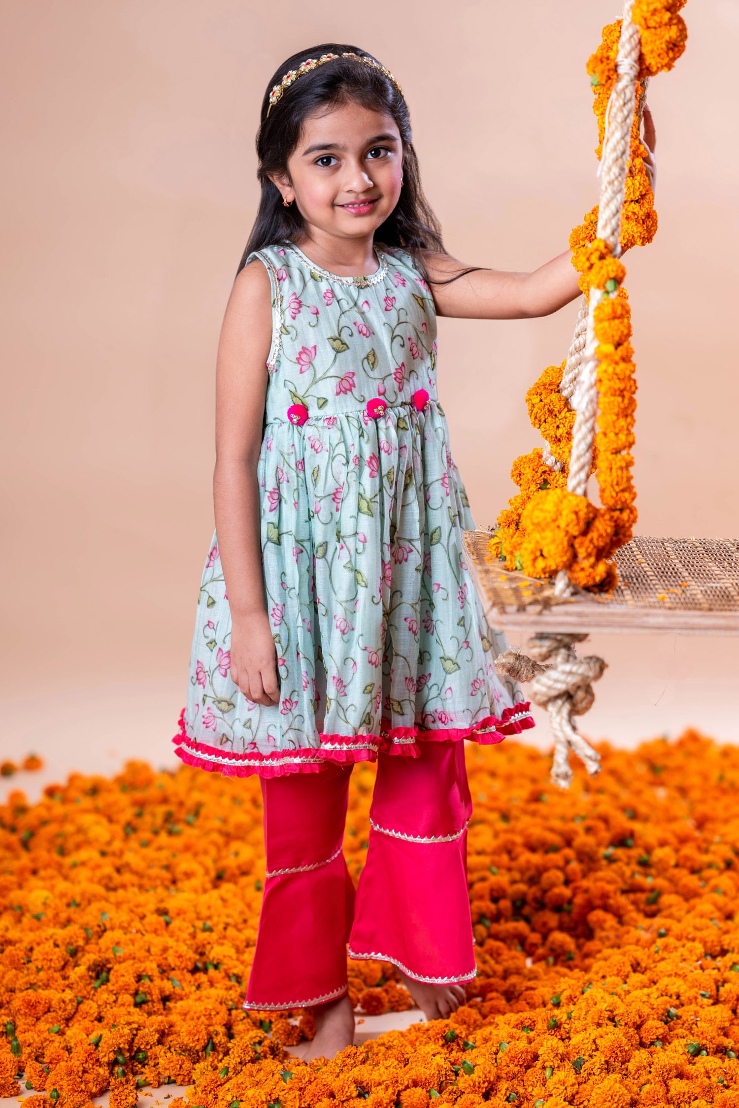 Buy Blue Kurta Chanderi Silk Printed Lotus Patternprint And Bell Bottom ...